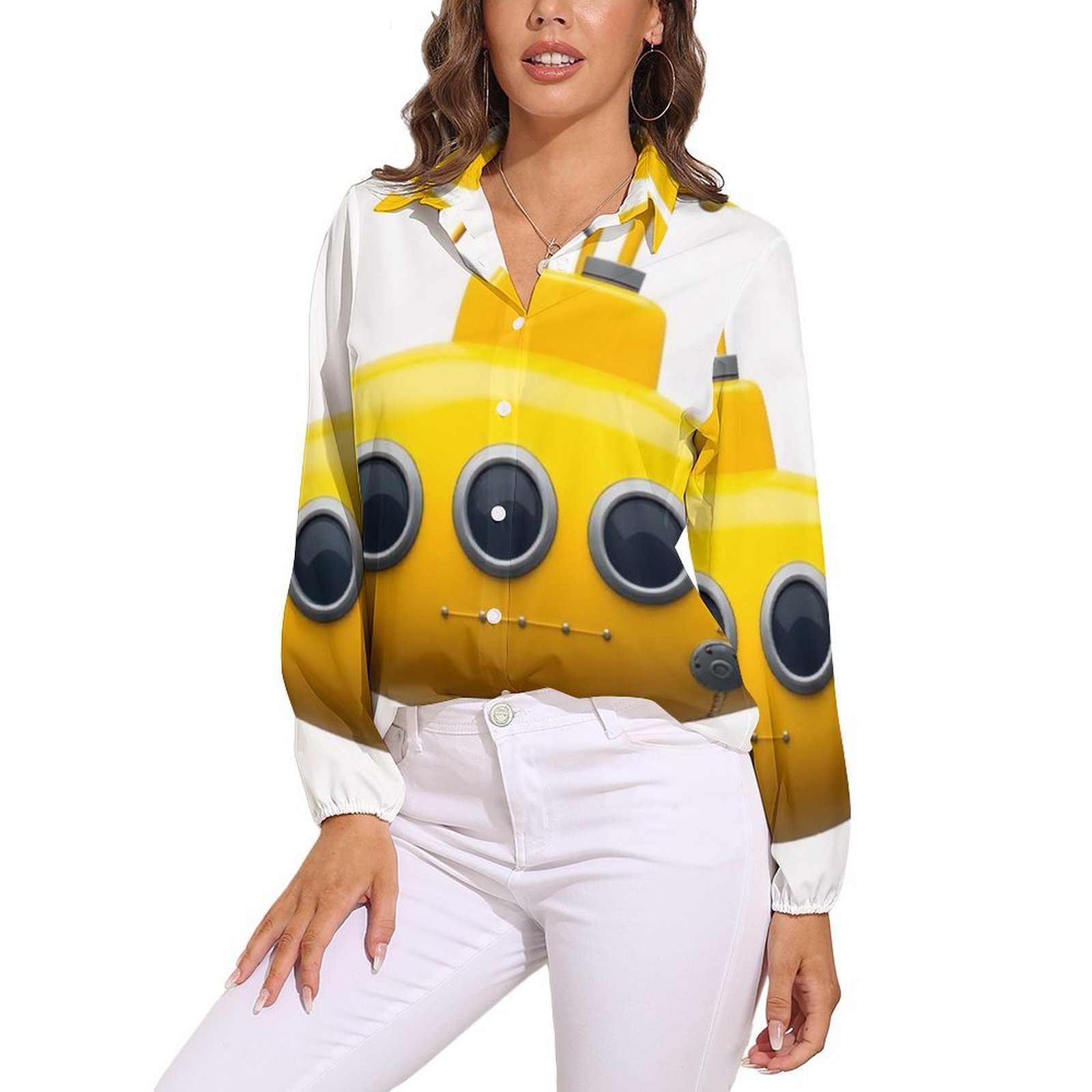Yellow Submarine Cartoon Vntage Casual Long Sleeve Shirt Blouse Woman ...