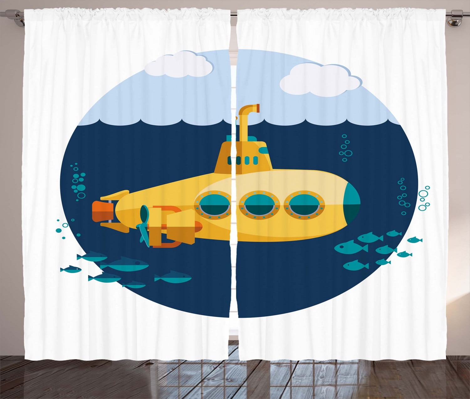 Ambesonne Yellow Submarine Curtains 2 Panel Set, Sea Fish Cloud, 108" x ...