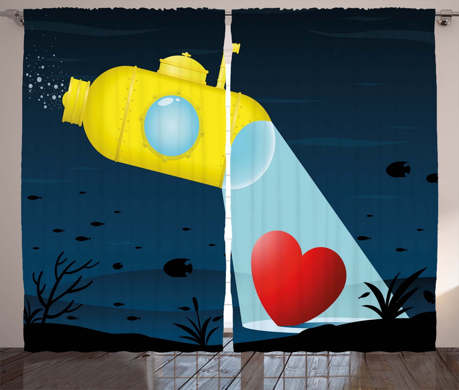 Ambesonne Yellow Submarine Curtains 2 Panel Set, Ocean Heart, 108" x 84 ...