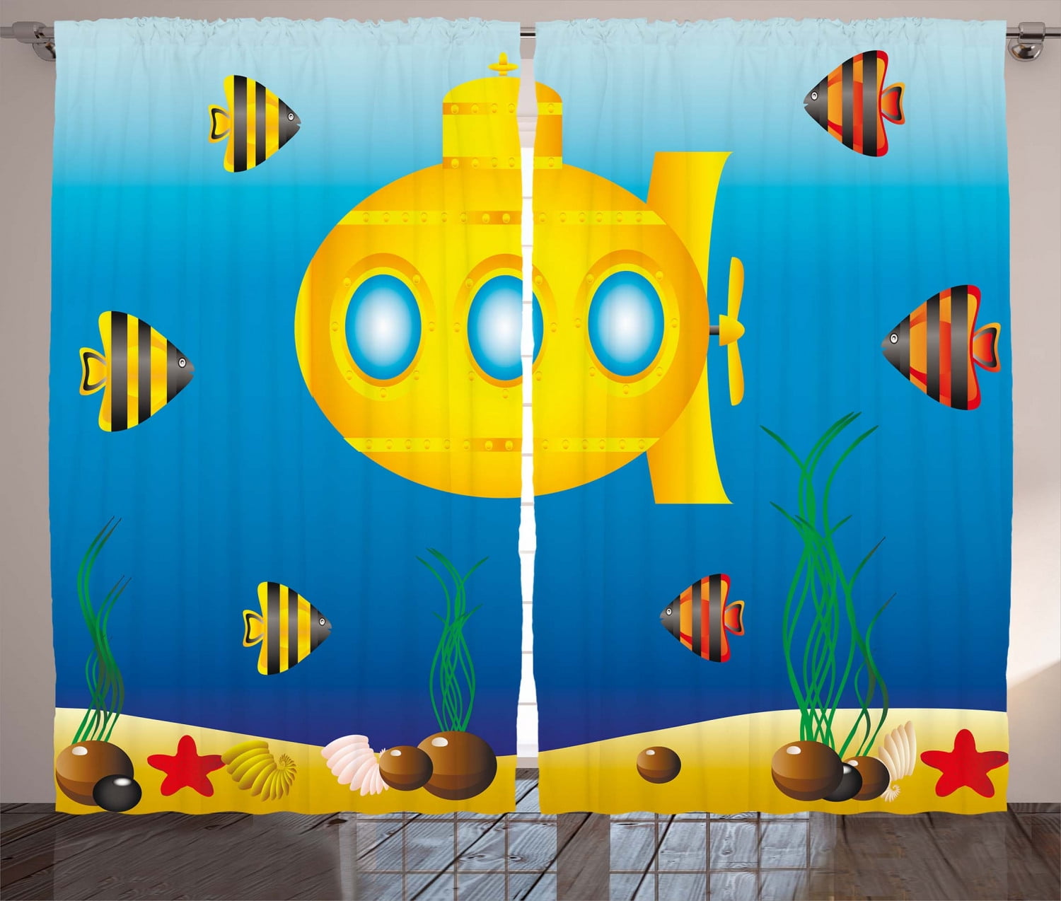 Ambesonne Yellow Submarine Curtains 2 Panel Set, Fish Sea Grass, 108" x ...