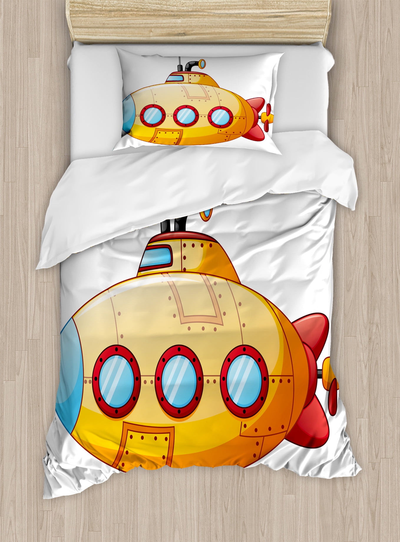 Yellow Submarine Duvet Cover Set, Sea Theme Design in Cartoon Style ...
