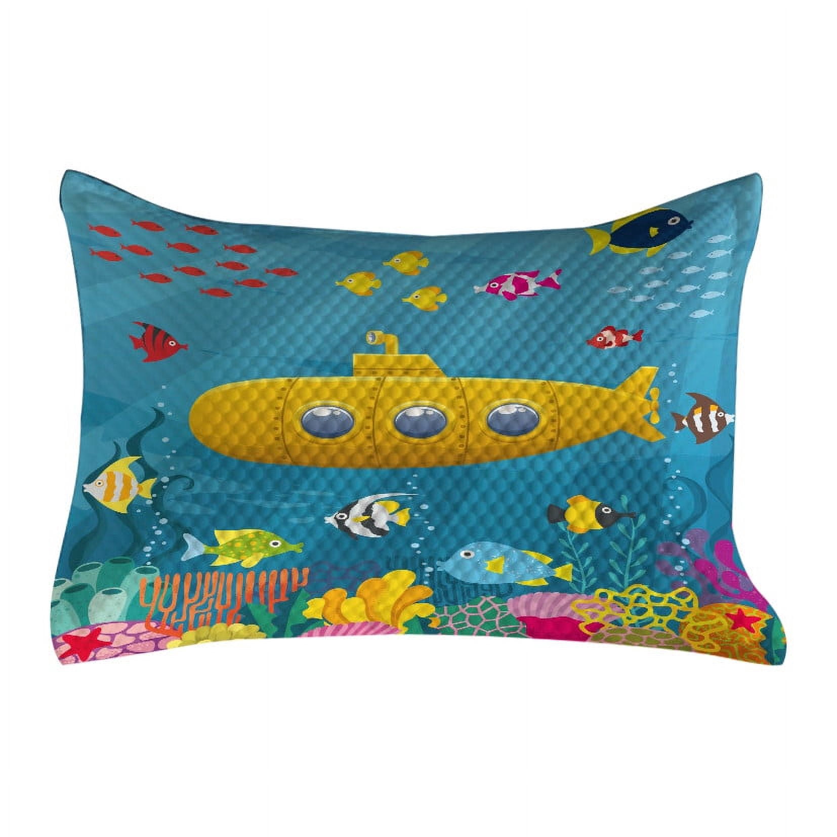 Yellow Submarine Quilted Pillowcover, Coral Reef Colorful Fish Ocean ...