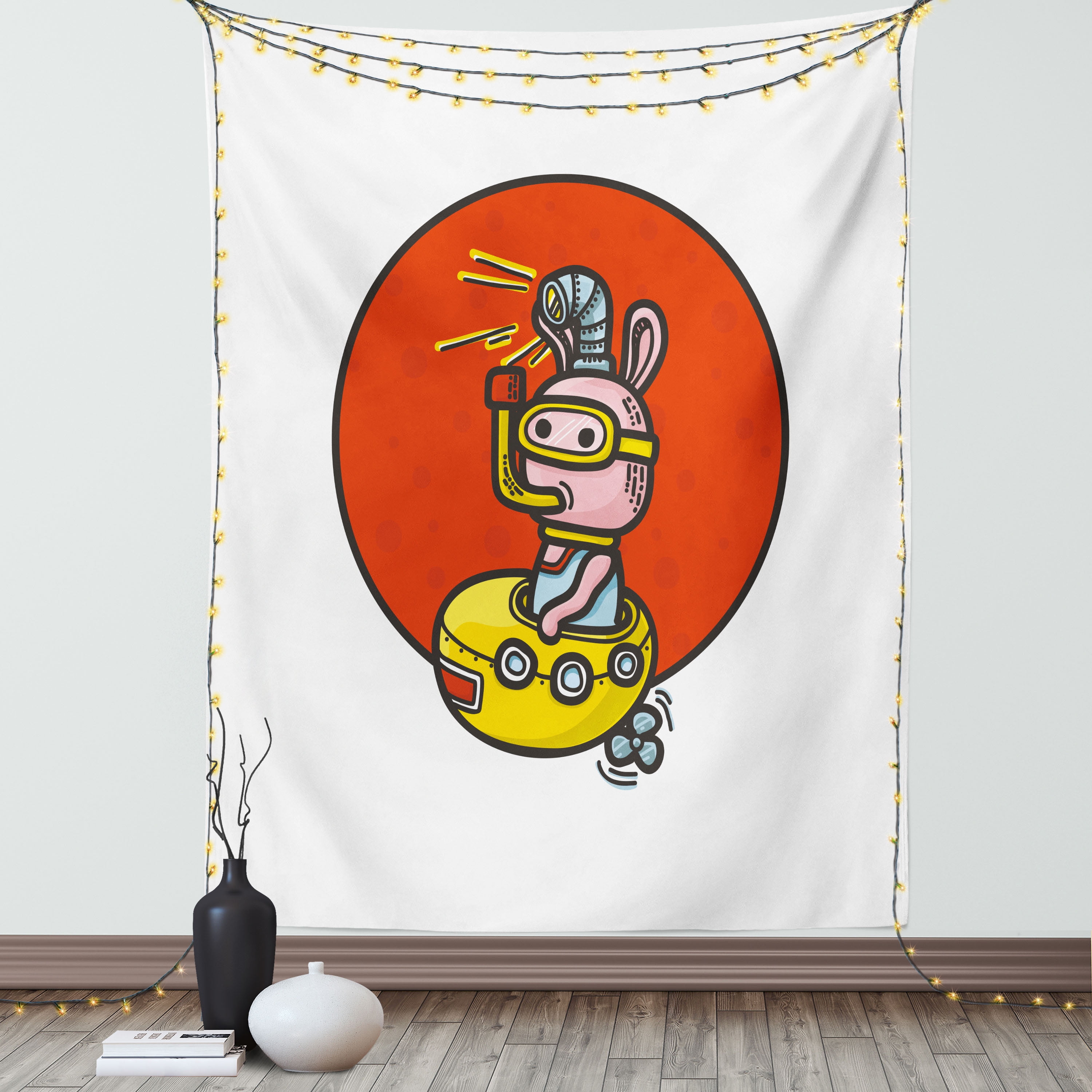 Yellow Submarine Tapestry, Little Alien Cartoon in Spaceship with ...