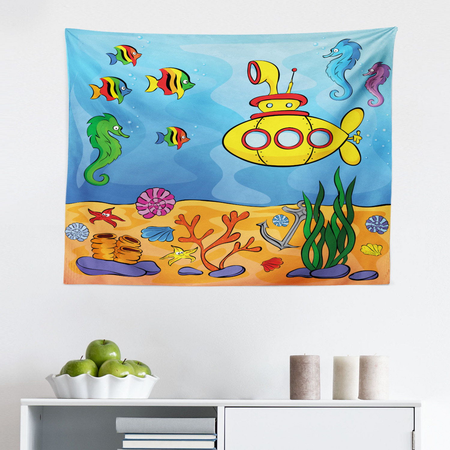 Yellow Submarine Tapestry, Sea Life Theme Vehicle Fish and a Crab ...