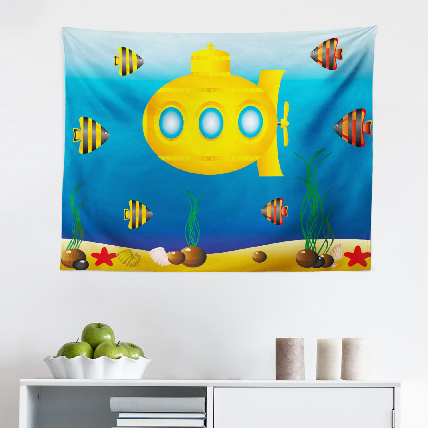 Yellow Submarine Tapestry, Sea Theme a Submarine on The White ...