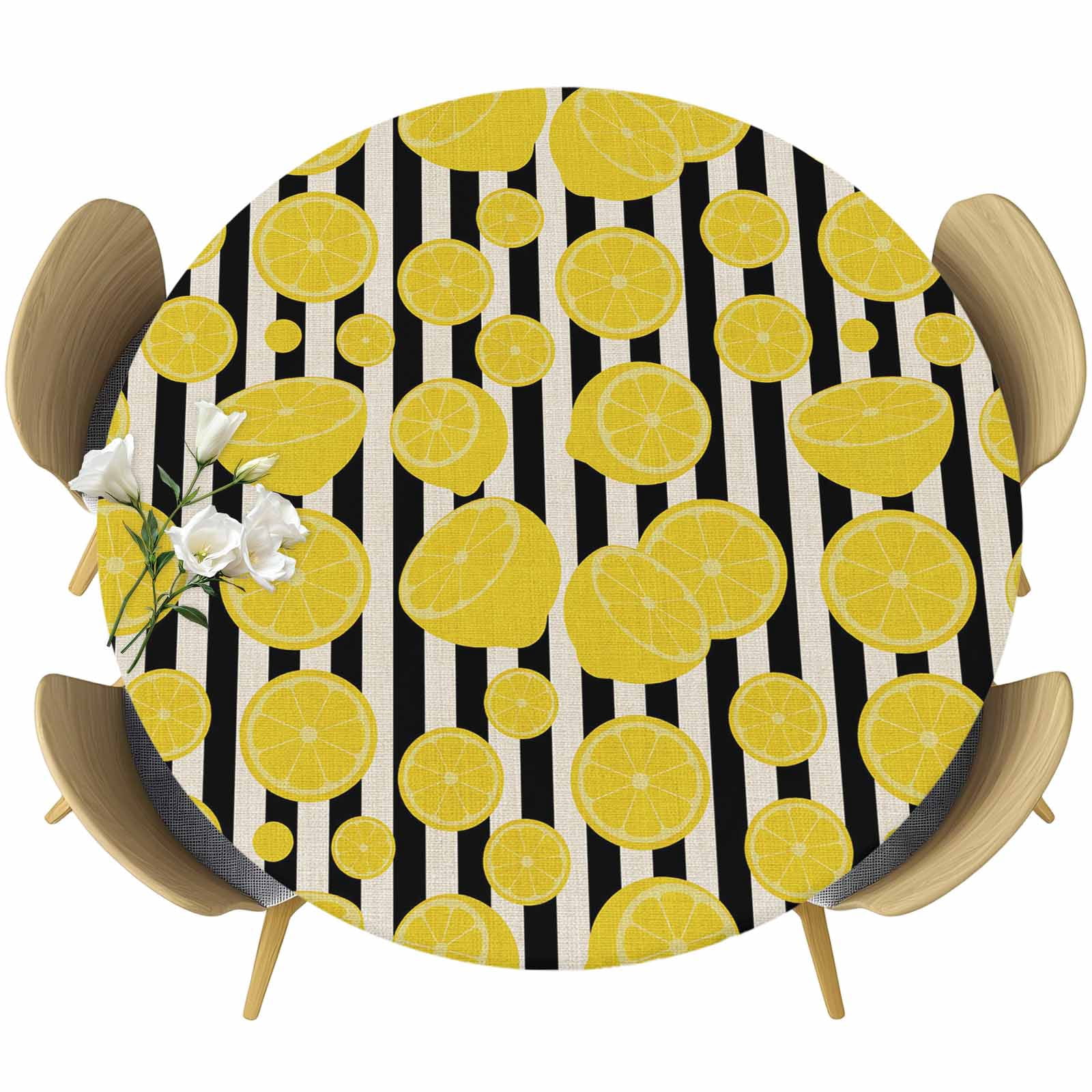 Yellow Summer Lemon Round Tablecloth, Fitted Table Cover with Elastic ...