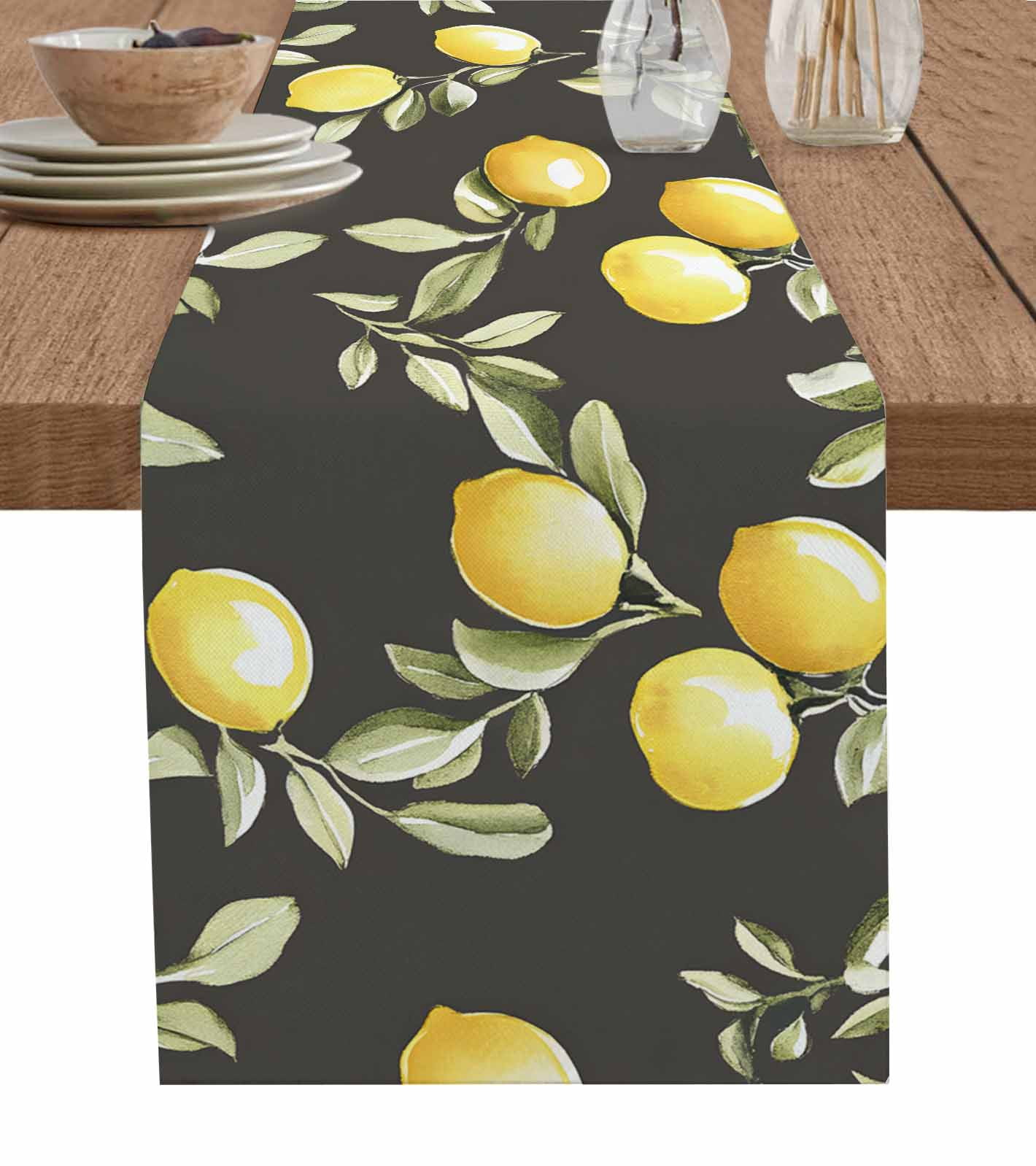 Yellow Summer Lemon Table Runner 90 Inches, Farmhouse Botanical Grey ...