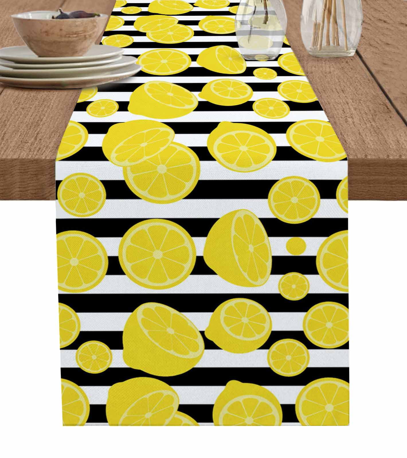 Yellow Summer Lemon Table Runner Black Stripe Farmhouse Botanical ...