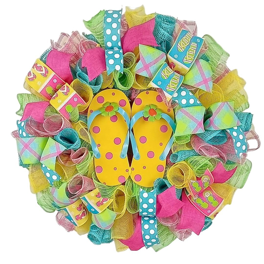 Yellow Summer Spring Flip Flop Welcome Deco Mesh Wreath | Turquoise ...