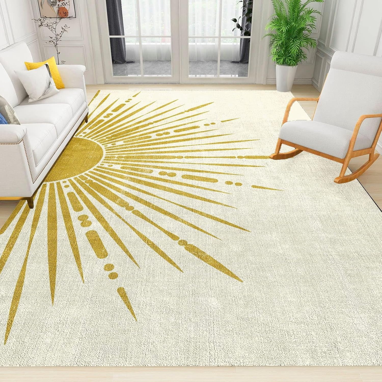 Yellow Sun Abstract Vintage Sunrise Area Rug, Contemporary Mid Century ...