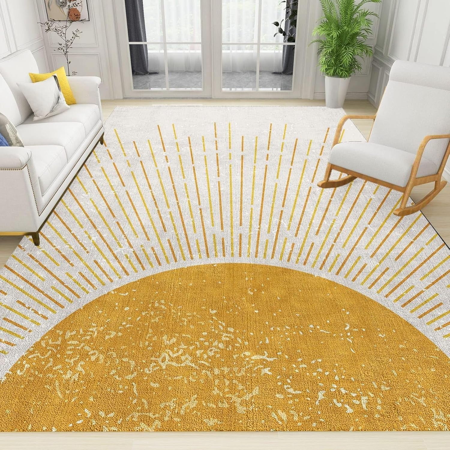 Yellow Sun Area Rug, Boho Mid Century Sunrise Living Room Rug ...