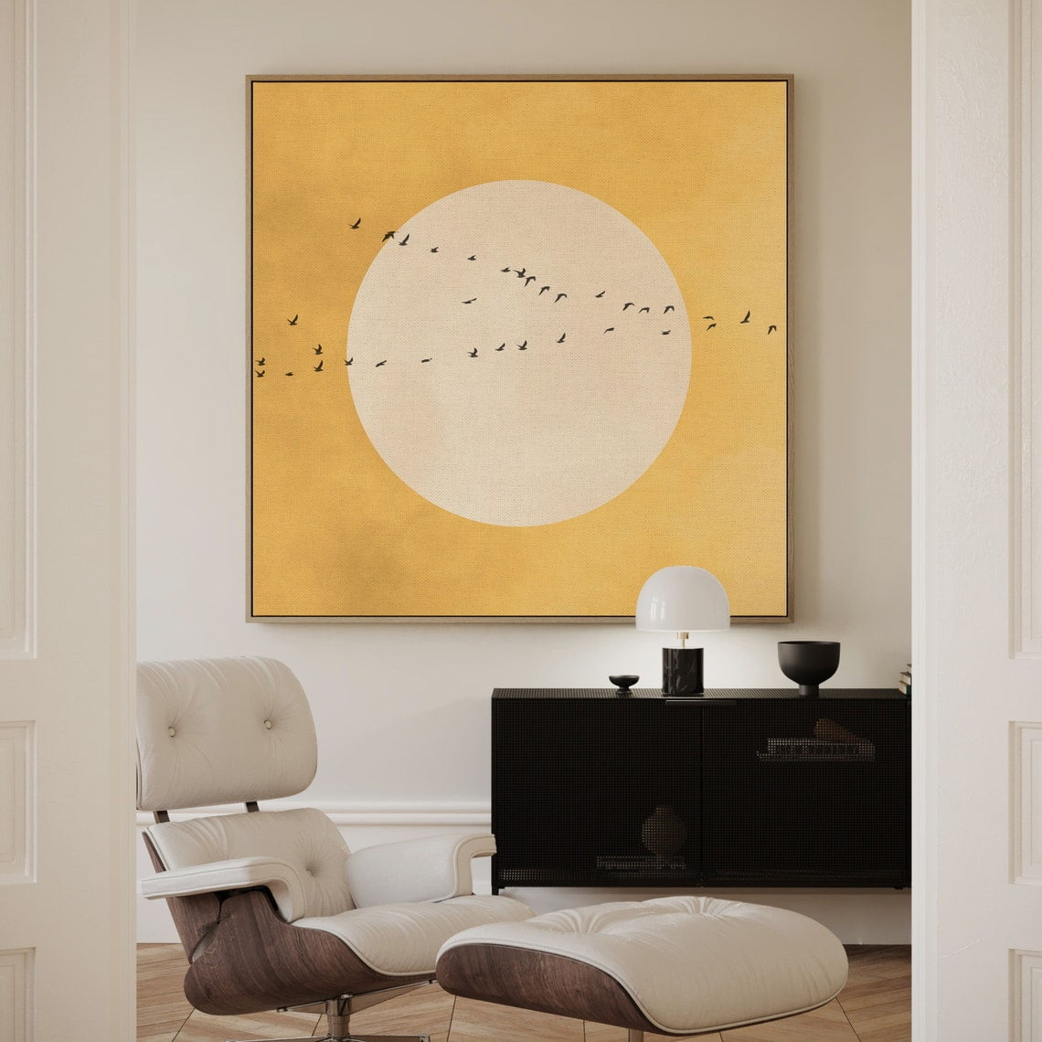 Yellow Sun Japandi Wall Art, Framed Flock Of Birds Print, Asian Decor ...
