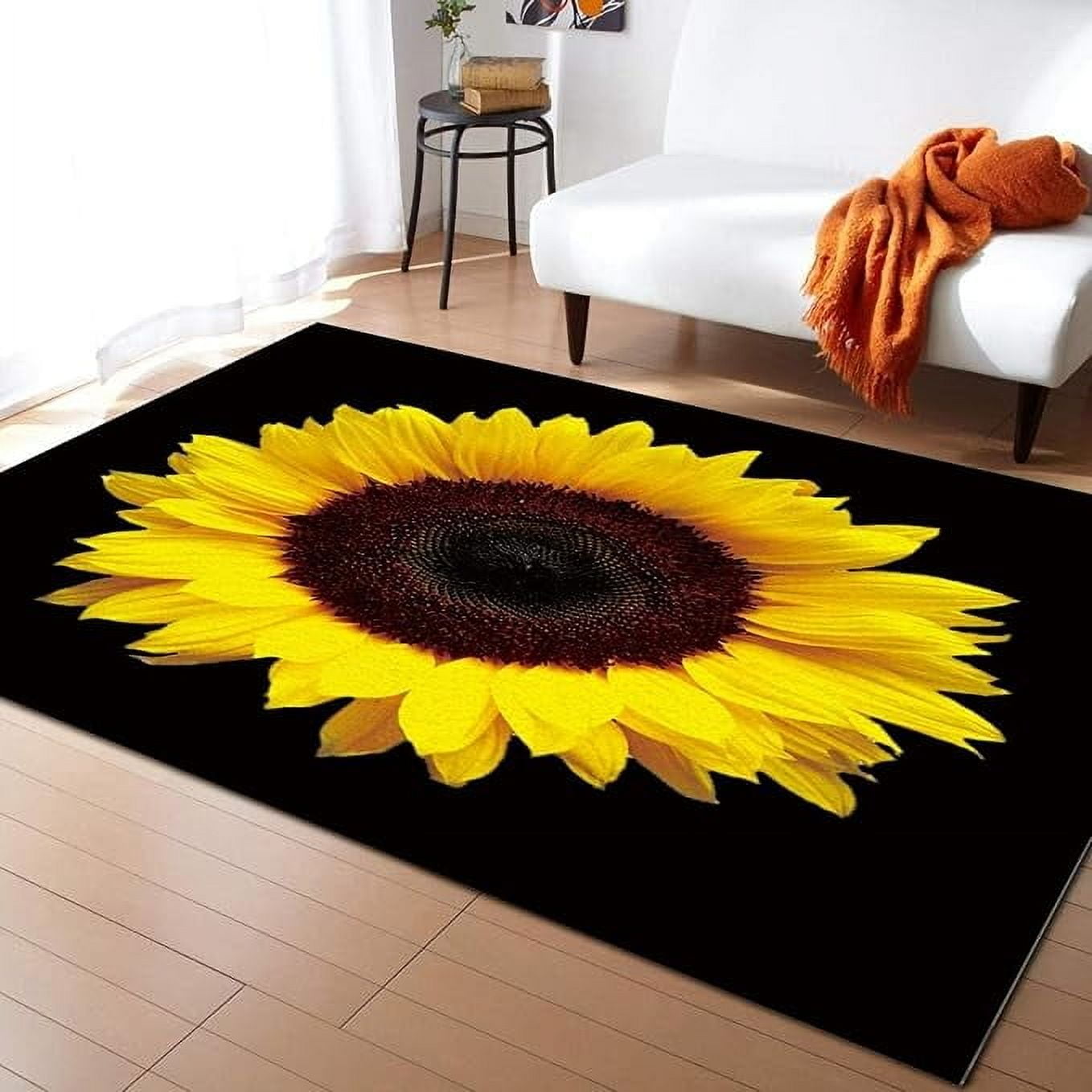 Yellow Sunflower Area Rug, Sunflower Decorative Rug, Easy Clean Carpet ...