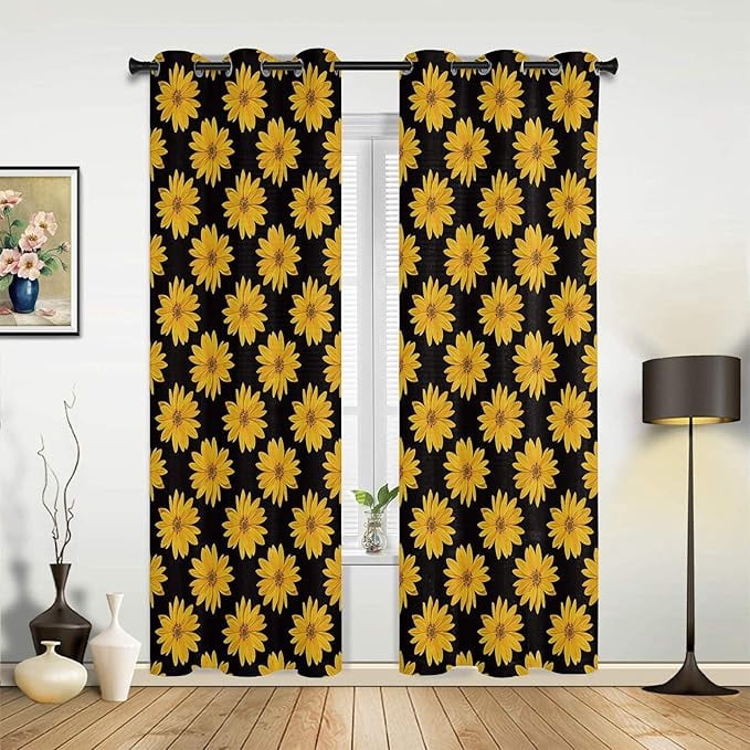Yellow Sunflower Blackout Curtains, Black Background Window Treatment ...