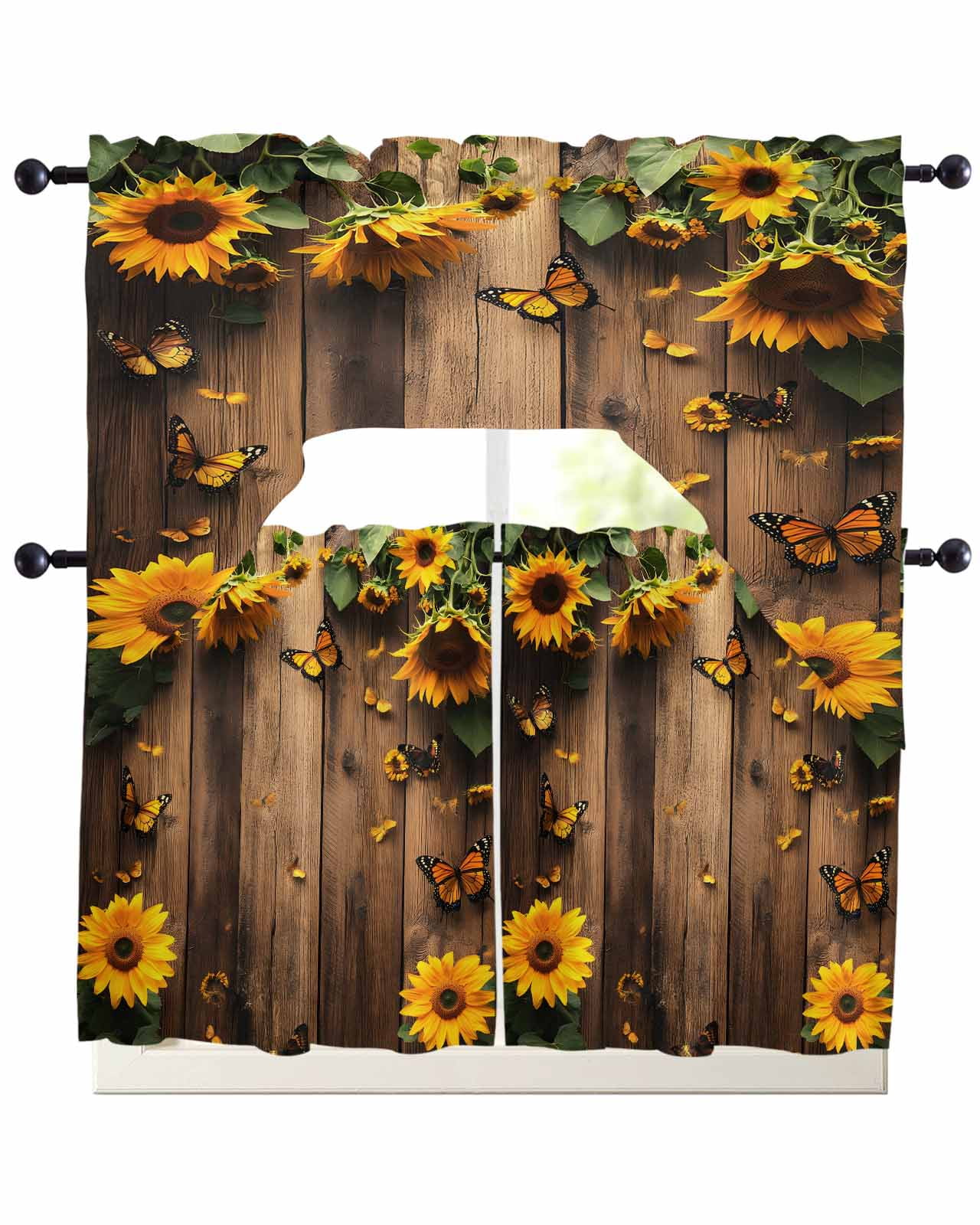 Yellow Sunflower Butterfly Kitchen Curtains Swag Valance and Tier ...