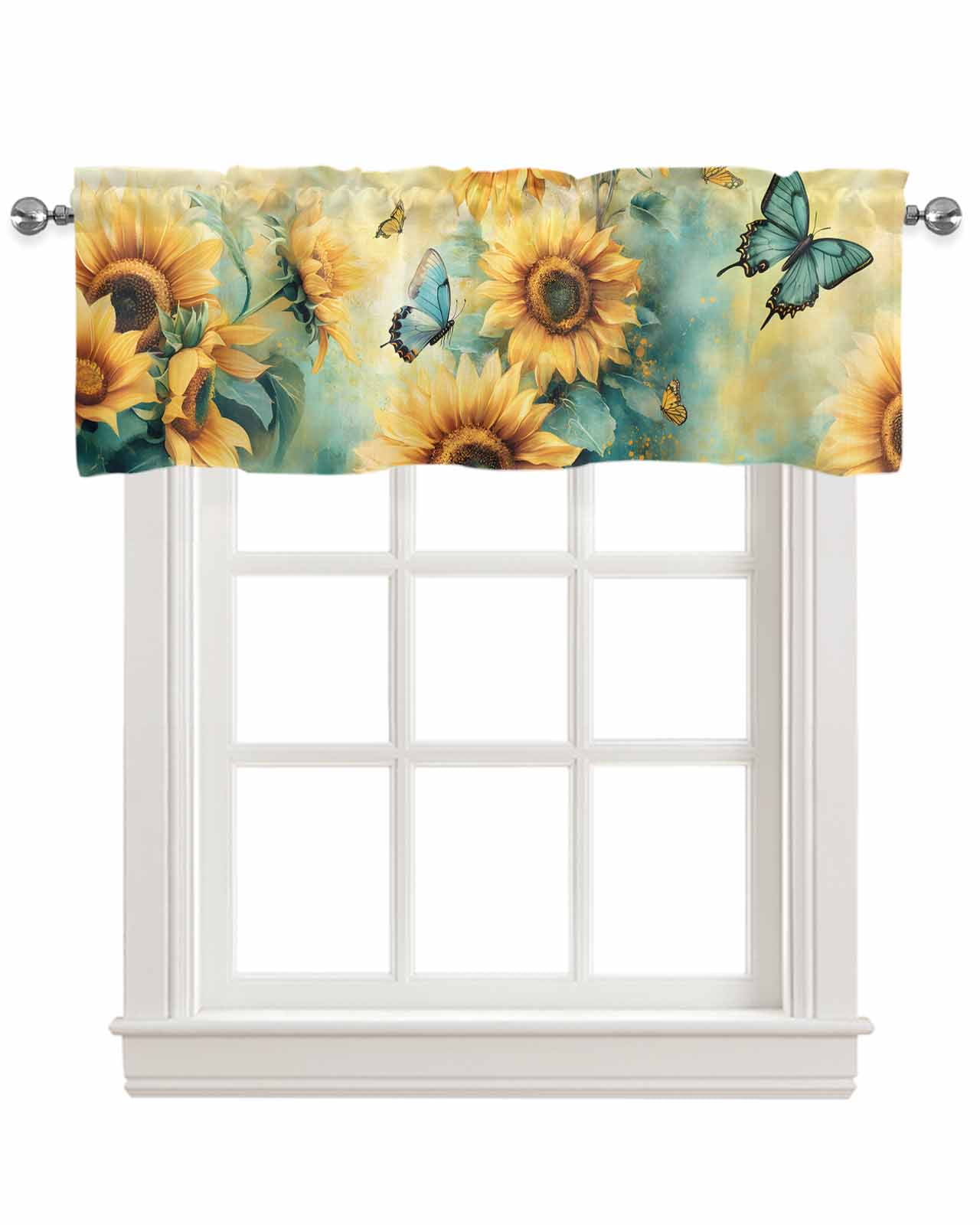 Yellow Sunflower Butterfly Kitchen Valances for Windows Farmhouse Linen ...