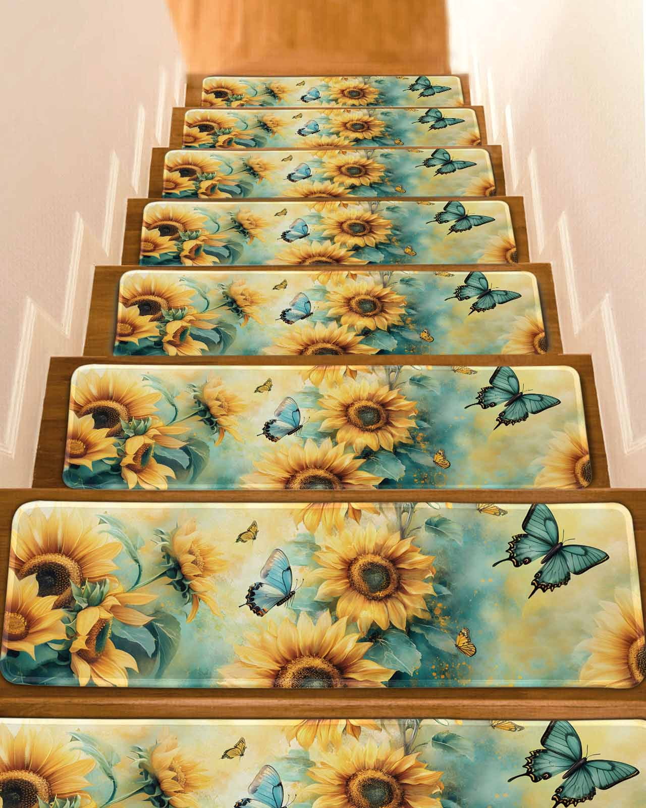 Yellow Sunflower Butterfly Stair Treads for Wooden Steps Indoor Runner ...