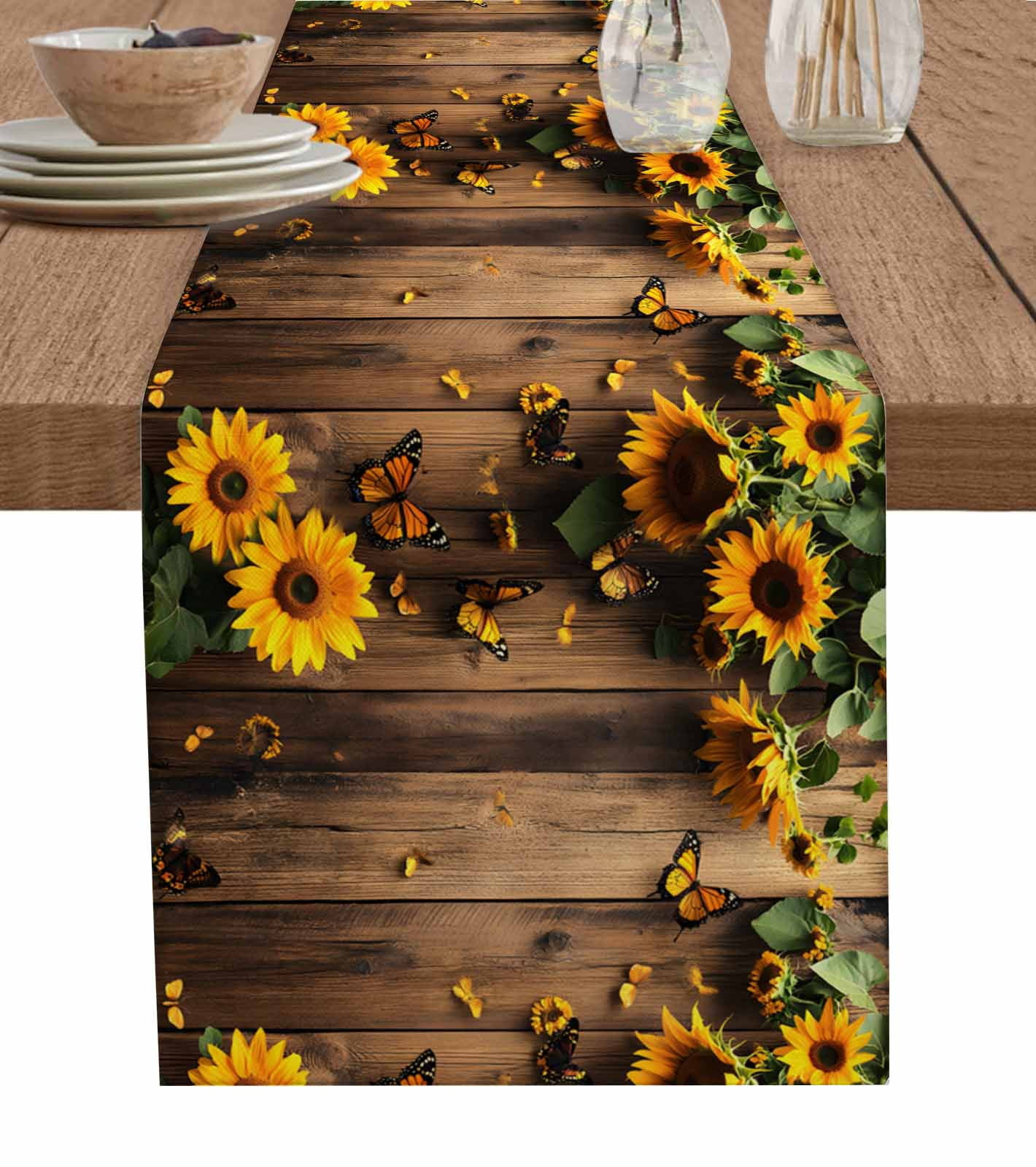 Yellow Sunflower Butterfly Table Runner 72 Inches, Retro Wood Grain ...