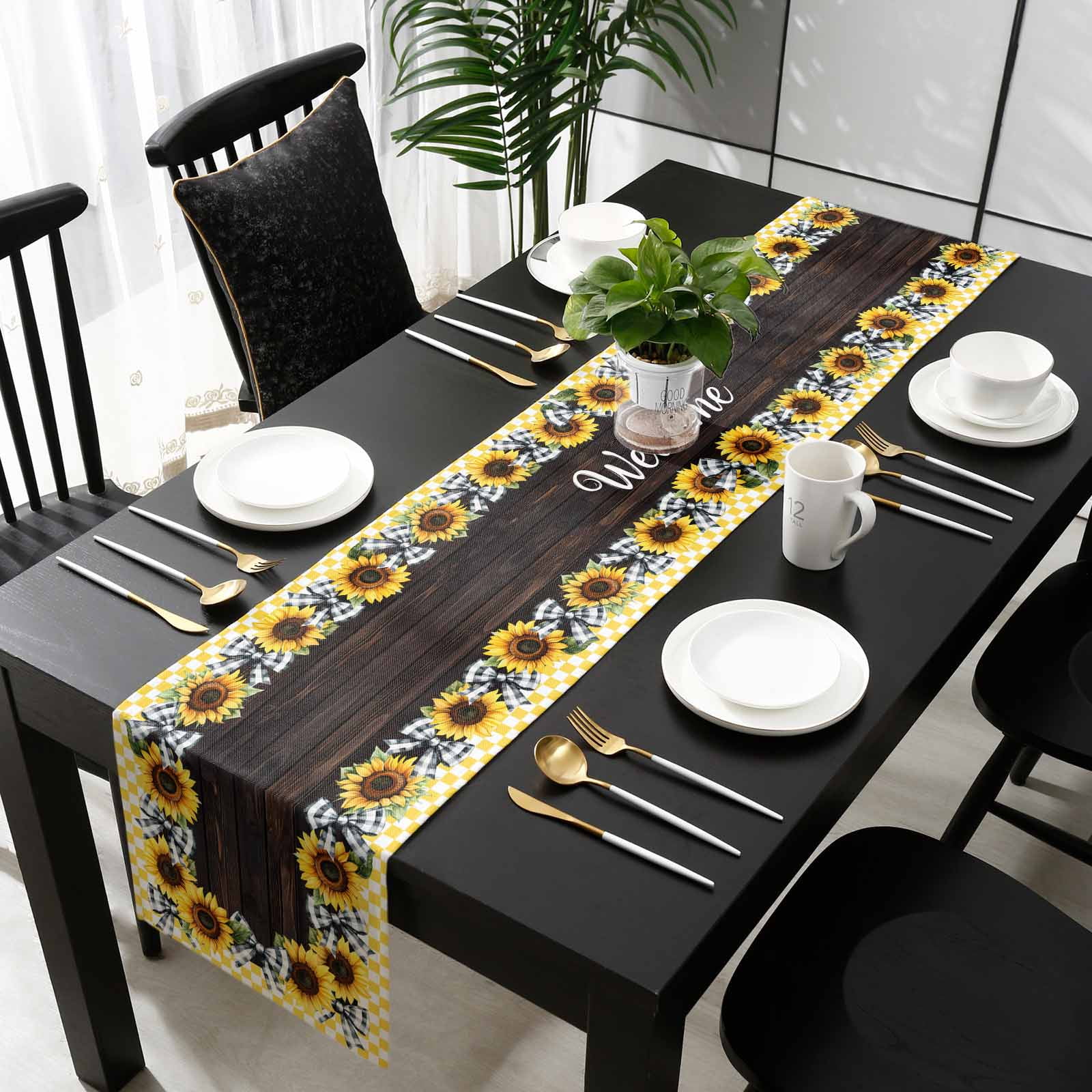 Yellow Sunflower Cotton Linen Long Table Runner 13 x 108 inch Plaid ...