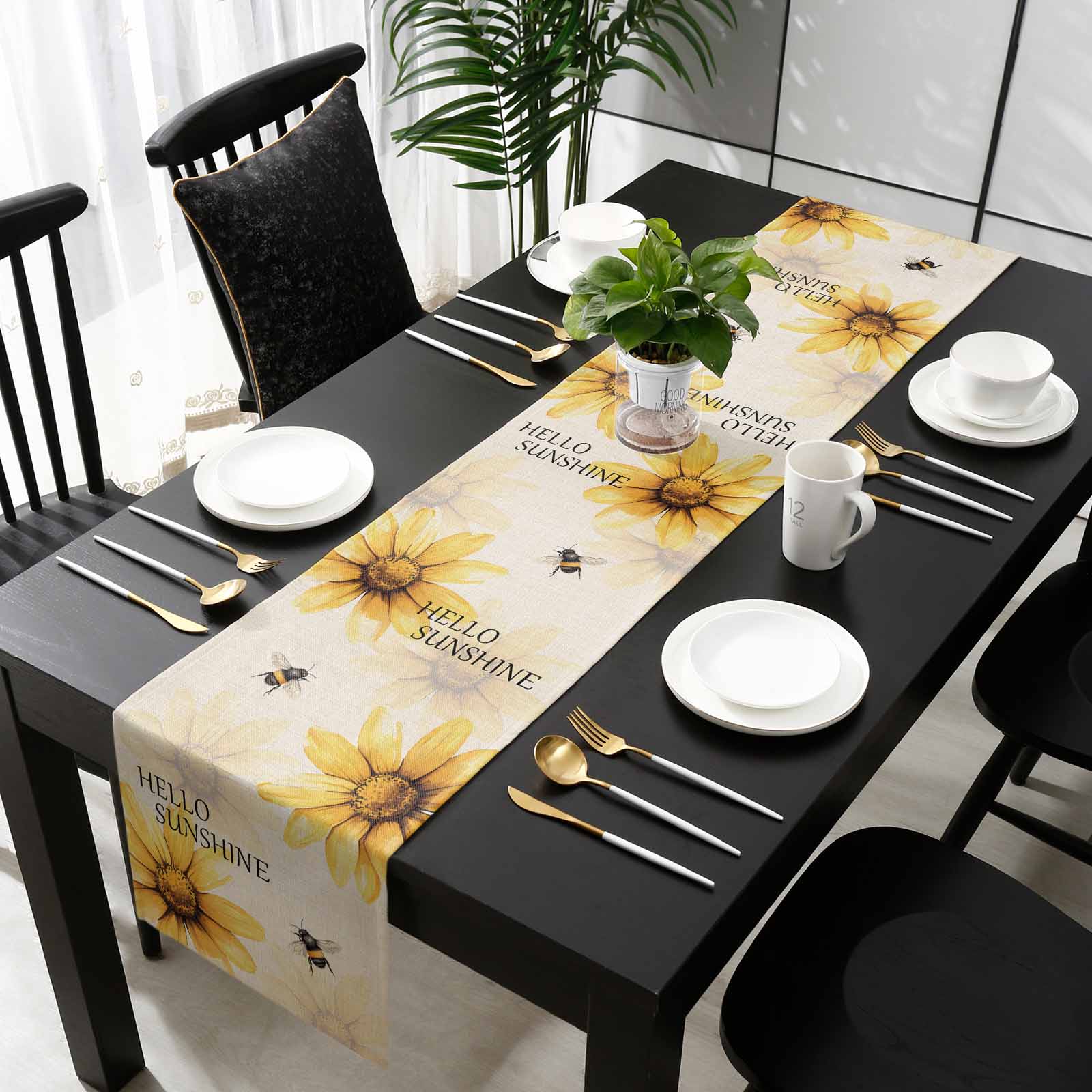 Yellow Sunflower Cotton Linen Table Extra Long Runner 13 x 120 inch Bee ...
