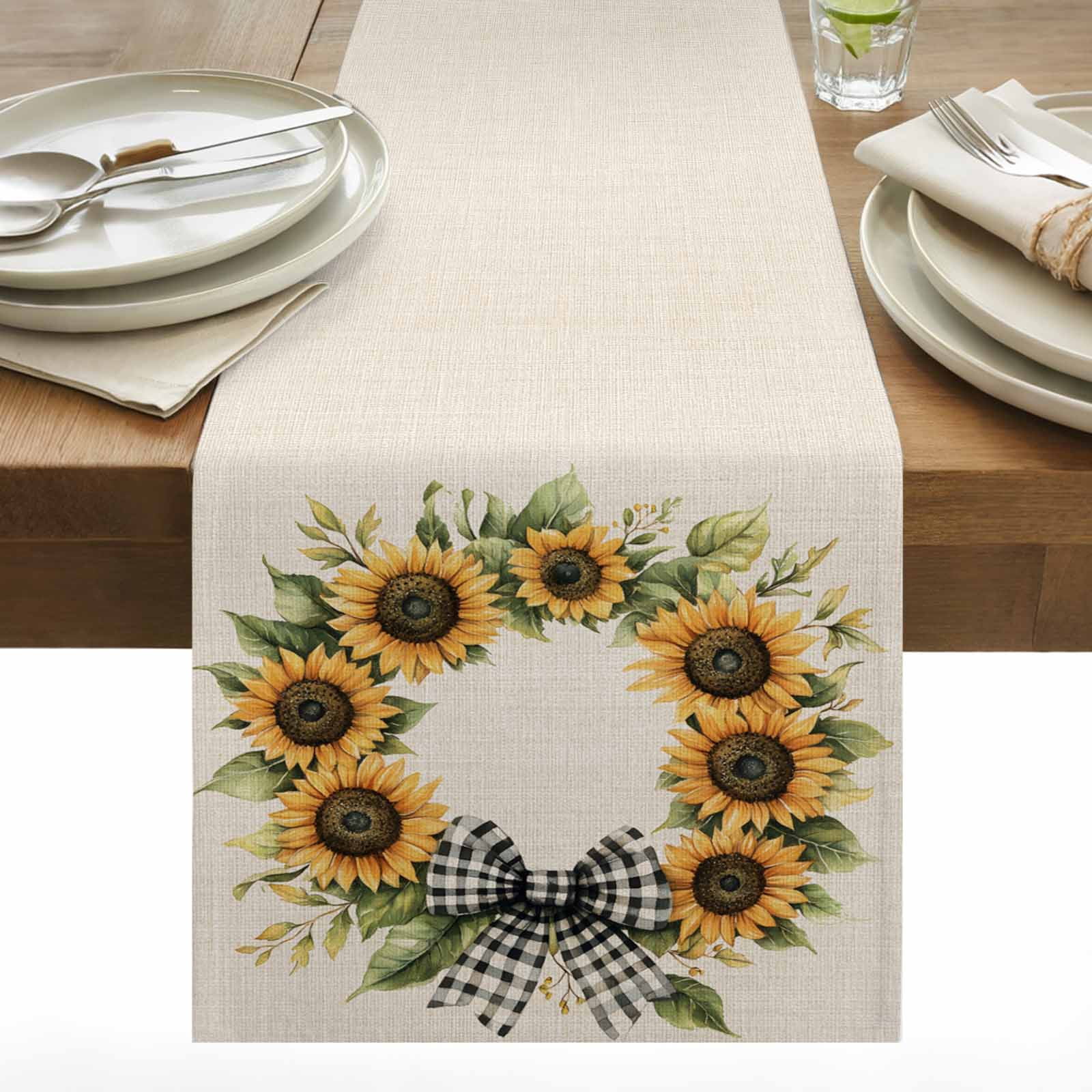 Yellow Sunflower Cotton Linen Table Runner Spring Black White Bow ...