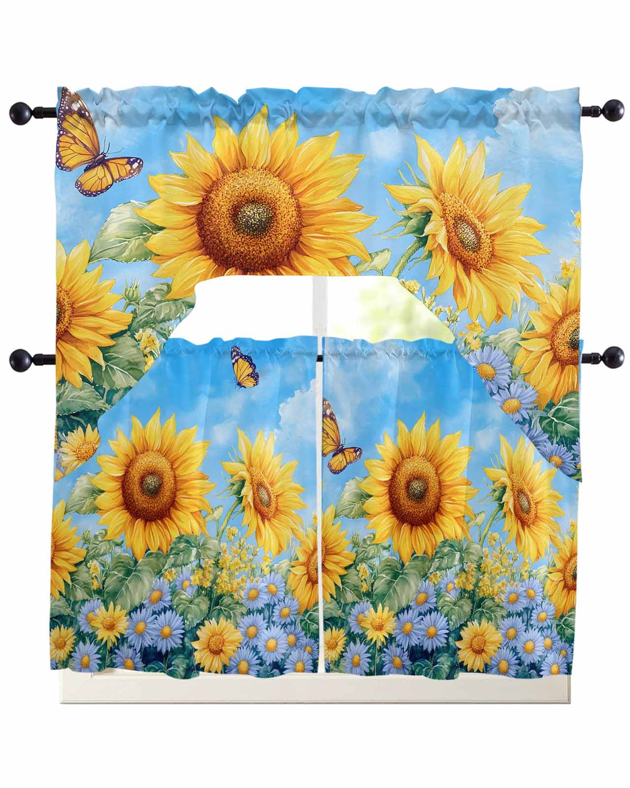 Yellow Sunflower Daisy Kitchen Curtains Swag Valance and Tier Curtains Set 24 Inch Length ...