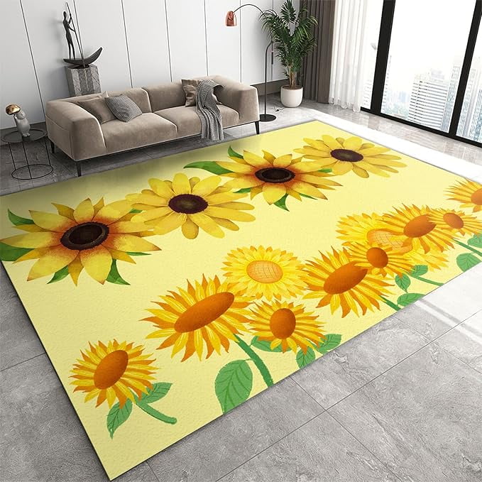 Yellow Sunflower Flowers Rugs For Living Room, Vintage Watercolor Print ...