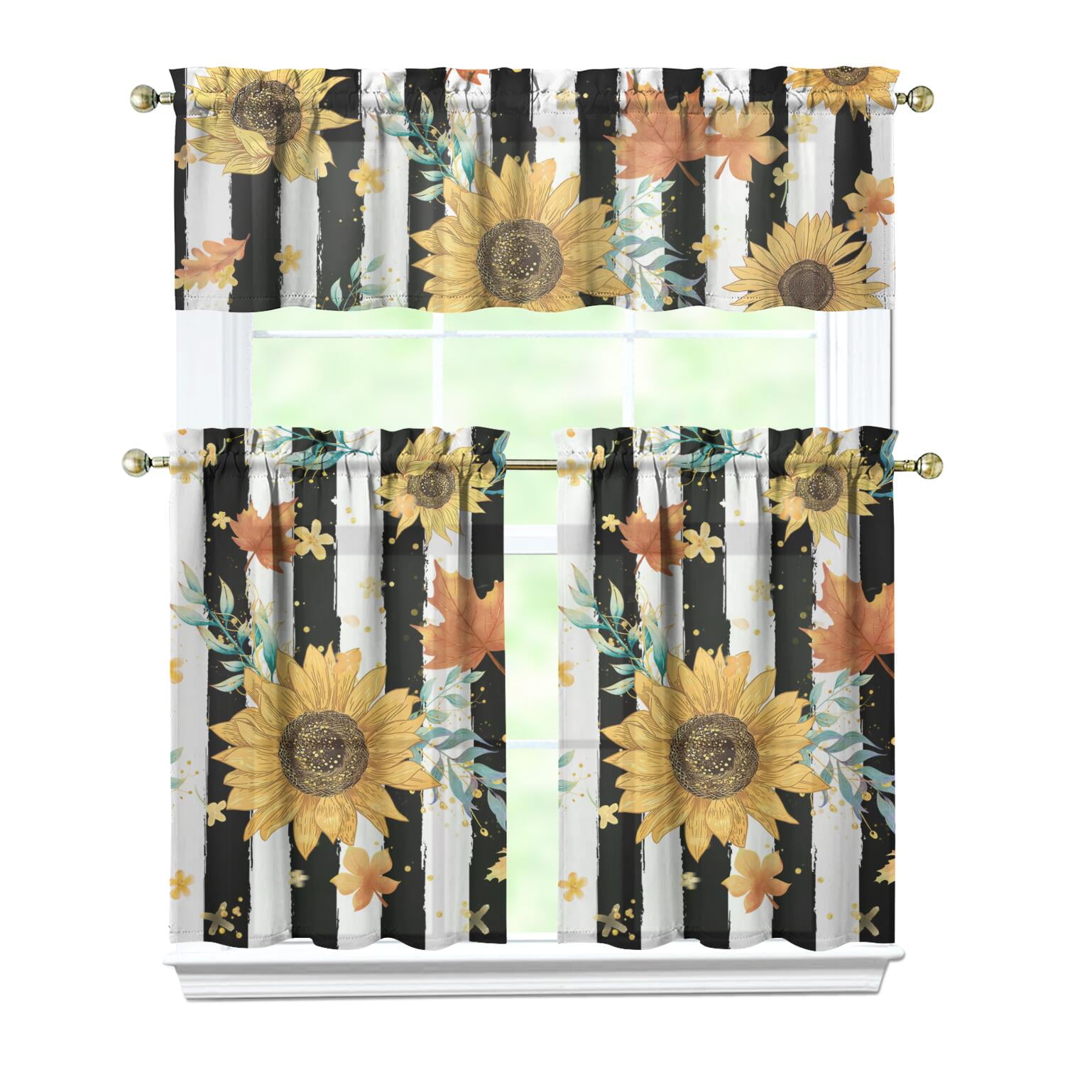 Yellow Sunflower Kitchen Curtains Set - 3 PC Boho Floral Tier & Valance, Vintage Rustic Window ...