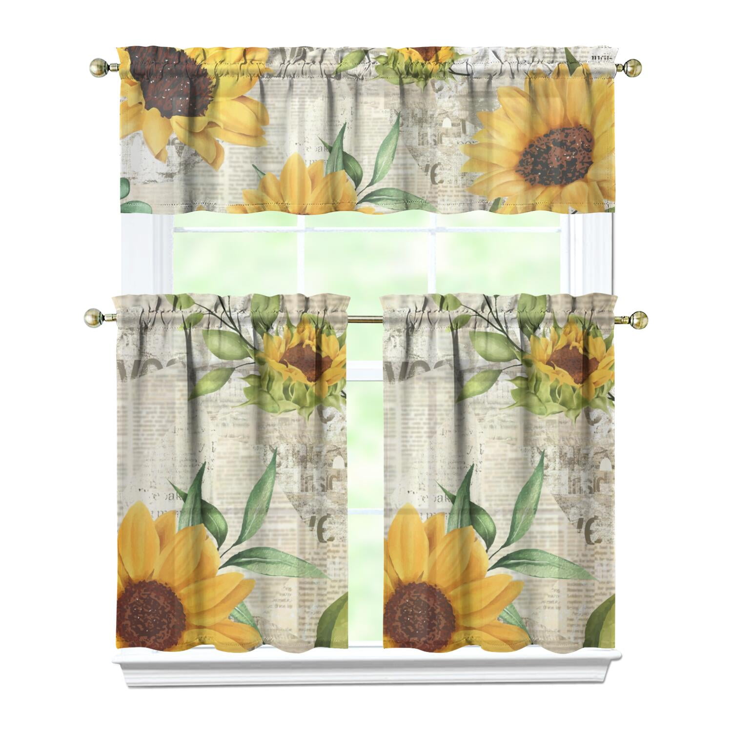 Yellow Sunflower Kitchen Curtains Set - 3 PC Boho Floral Tier & Valance, Vintage Rustic Window ...