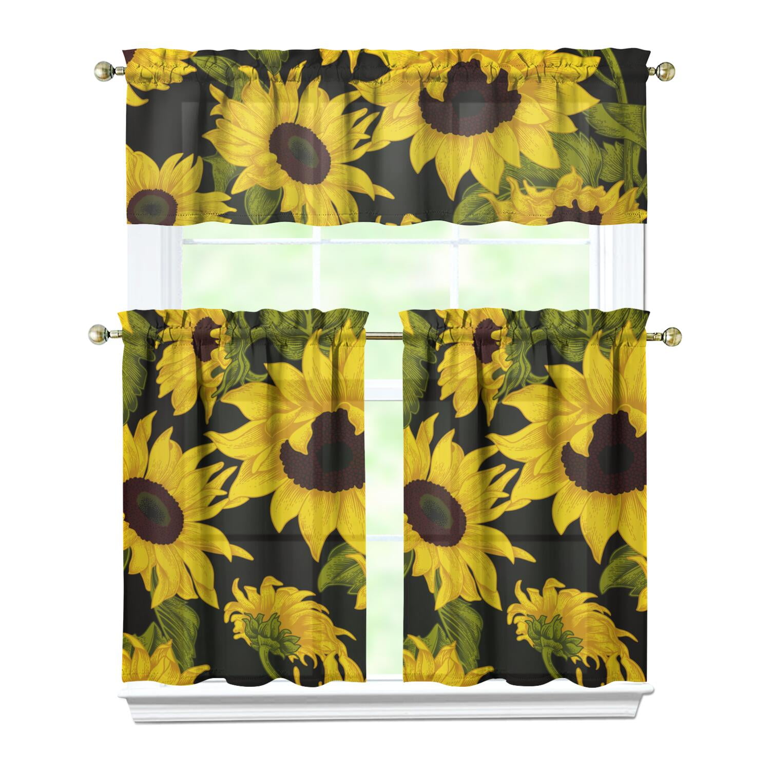 Yellow Sunflower Kitchen Curtains Set - 3 PC Boho Floral Tier & Valance, Vintage Rustic Window ...