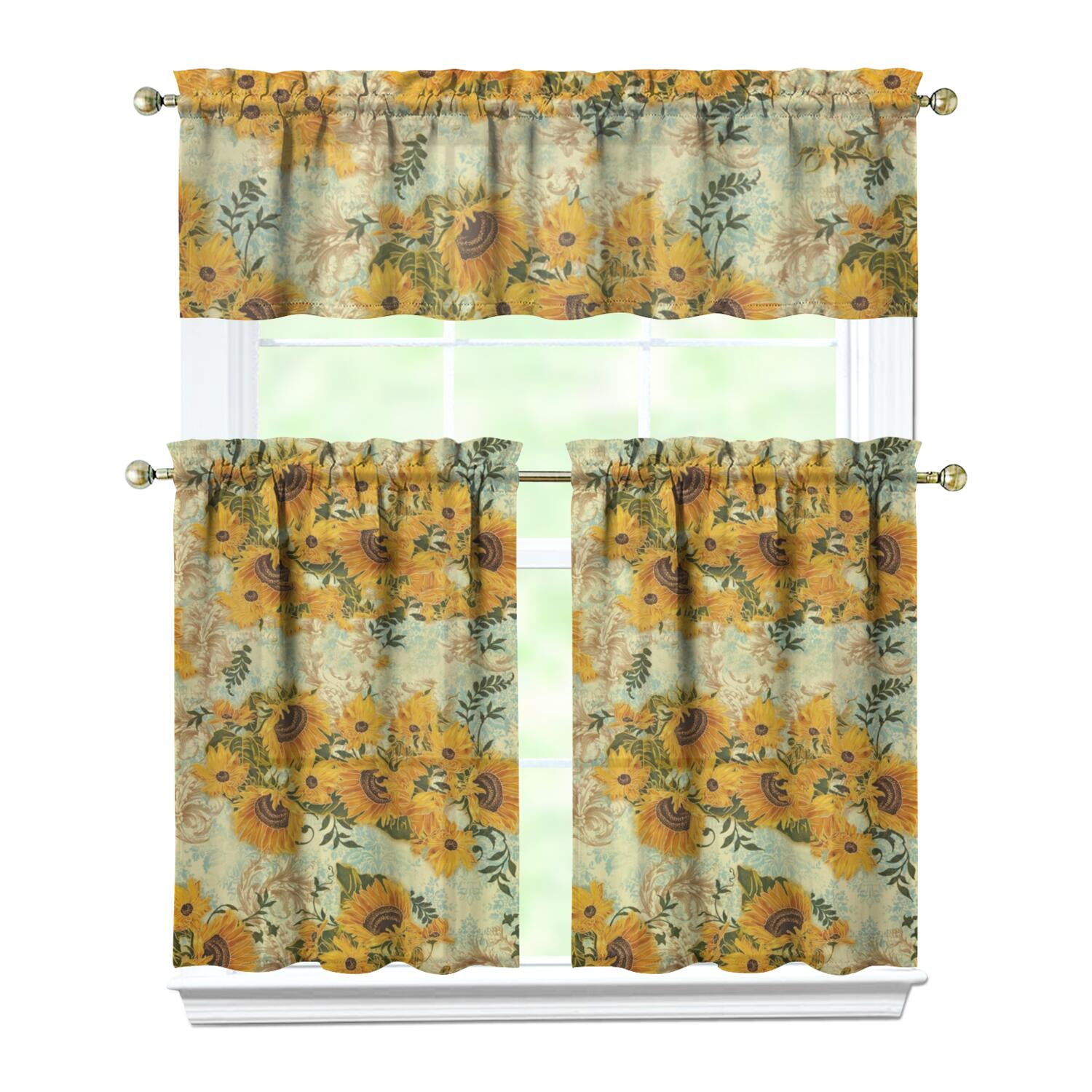 Yellow Sunflower Kitchen Curtains Set - 3 PC Boho Floral Tier & Valance, Vintage Rustic Window ...
