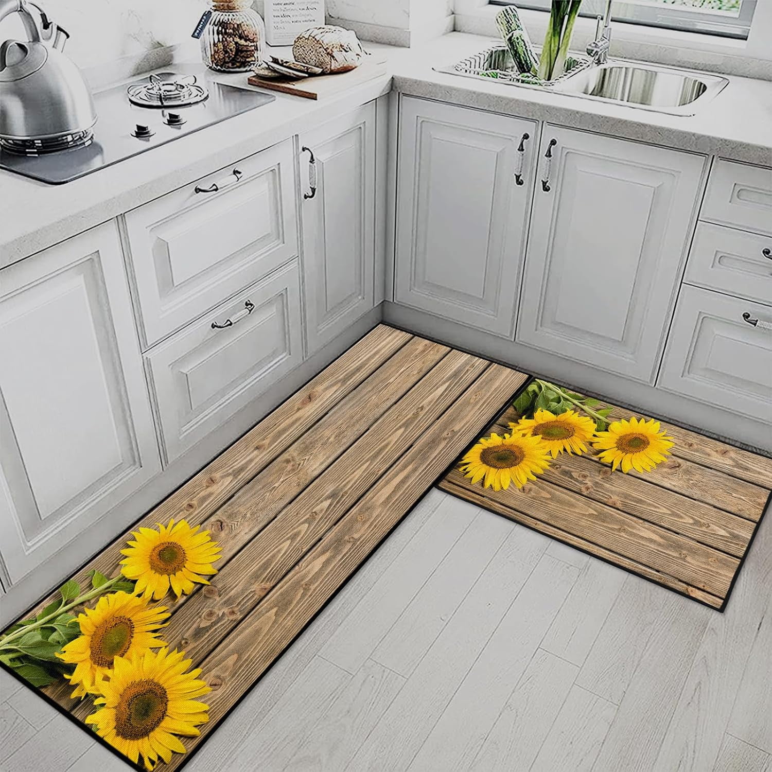 Yellow Sunflower Kitchen Rugs and Mats Non Skid Washable Set of 2 ...