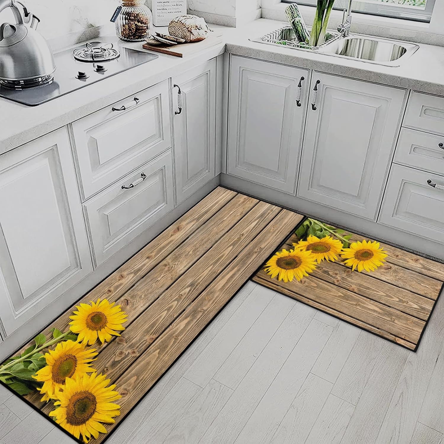 Yellow Sunflower Kitchen Rugs and Mats Non Skid Washable Set of 2 ...