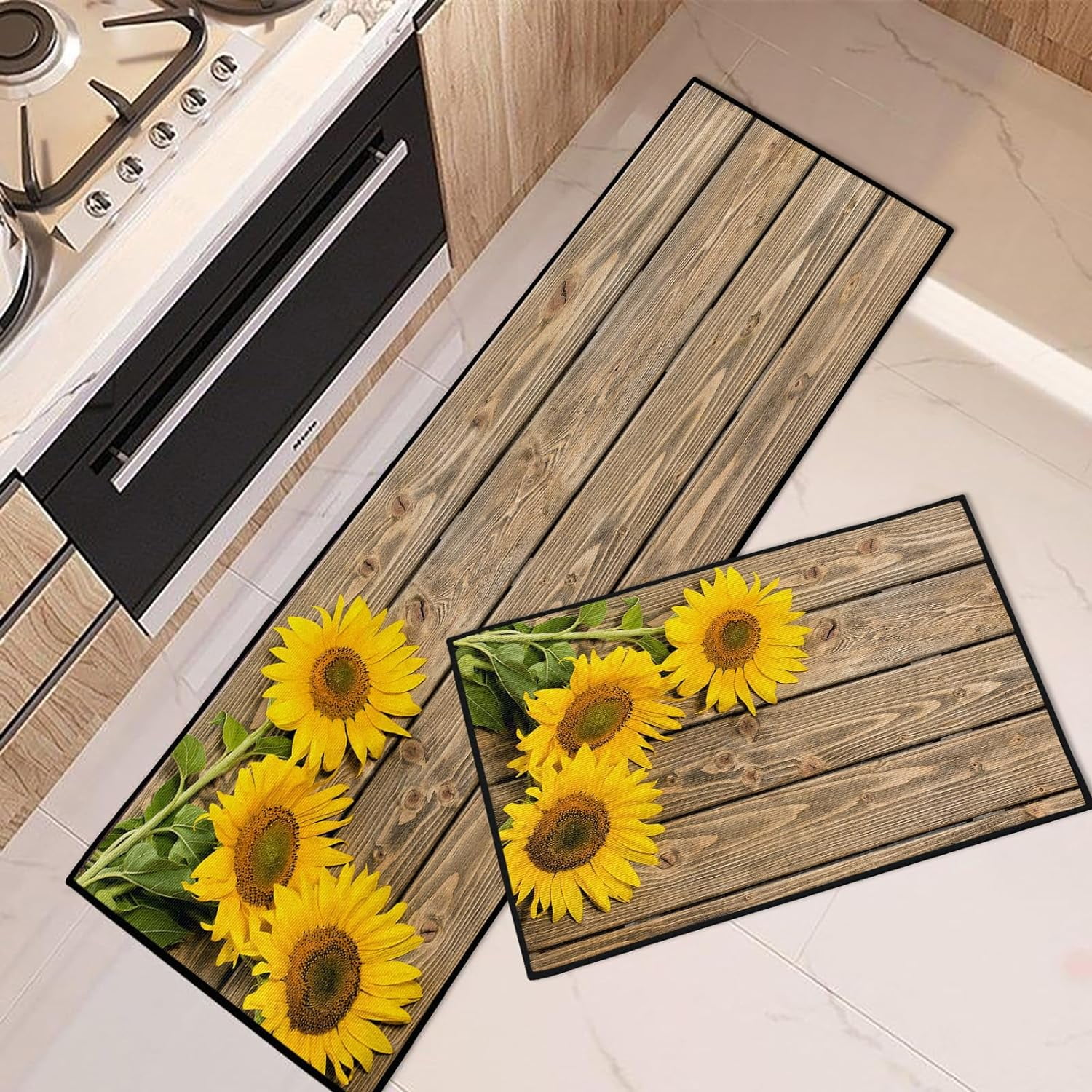 Yellow Sunflower Kitchen Rugs and Mats Non Skid Washable Set of 2 ...