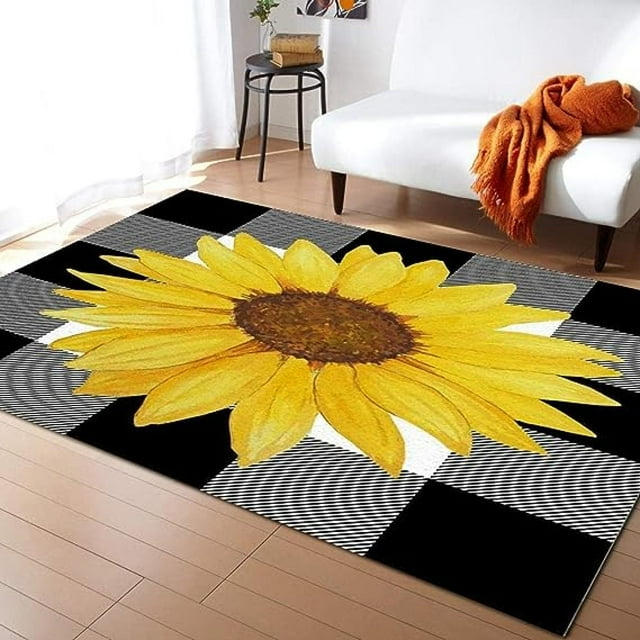 Yellow Sunflower Large Area Rugs, Black White Checker Runner Rugs, Non ...