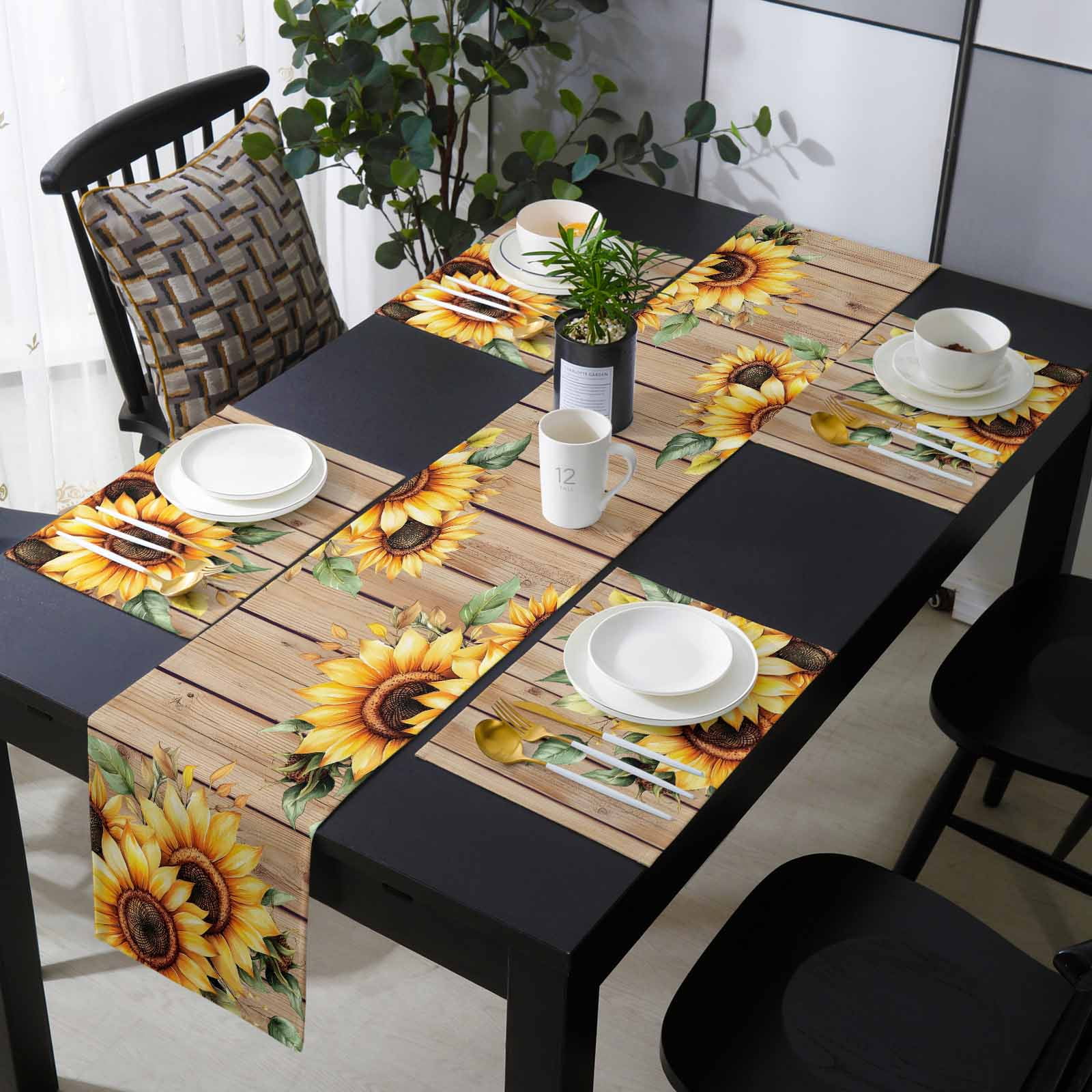 Yellow Sunflower Placemats Set of 6 with 90 Inches Long Table Runners,Brown Wood Plank ...