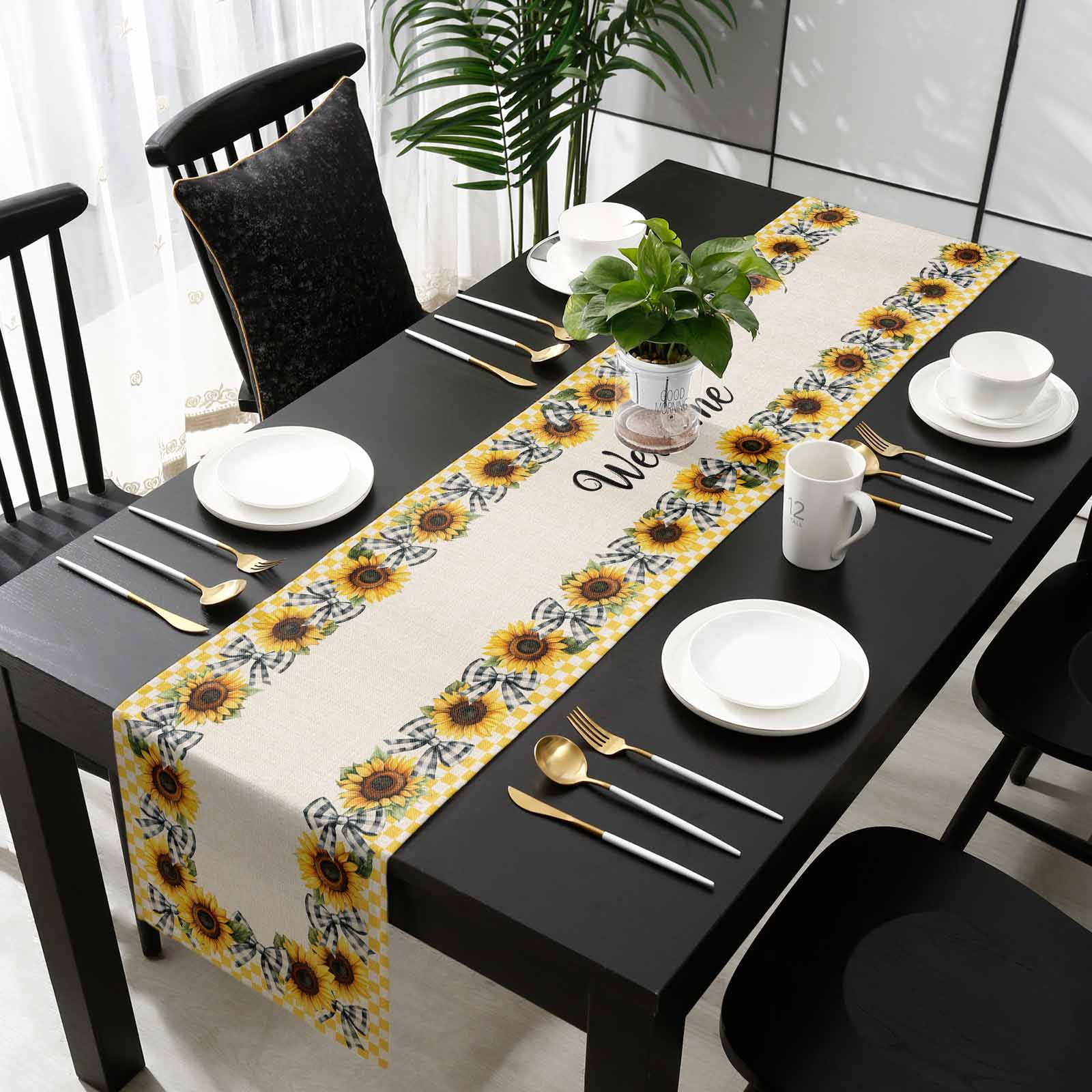 Yellow Sunflower Plaid Cotton Linen Small Table Runner 13 x 60 inch ...