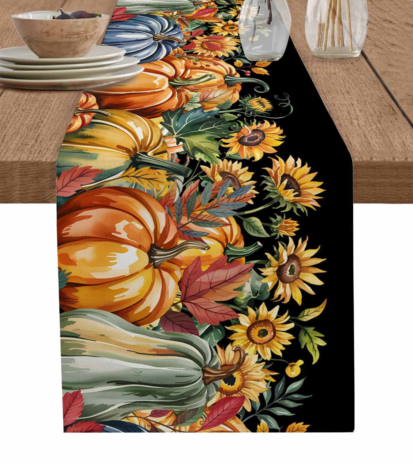 Yellow Sunflower Pumpkins Table Runner Black Watercolor Botanical ...