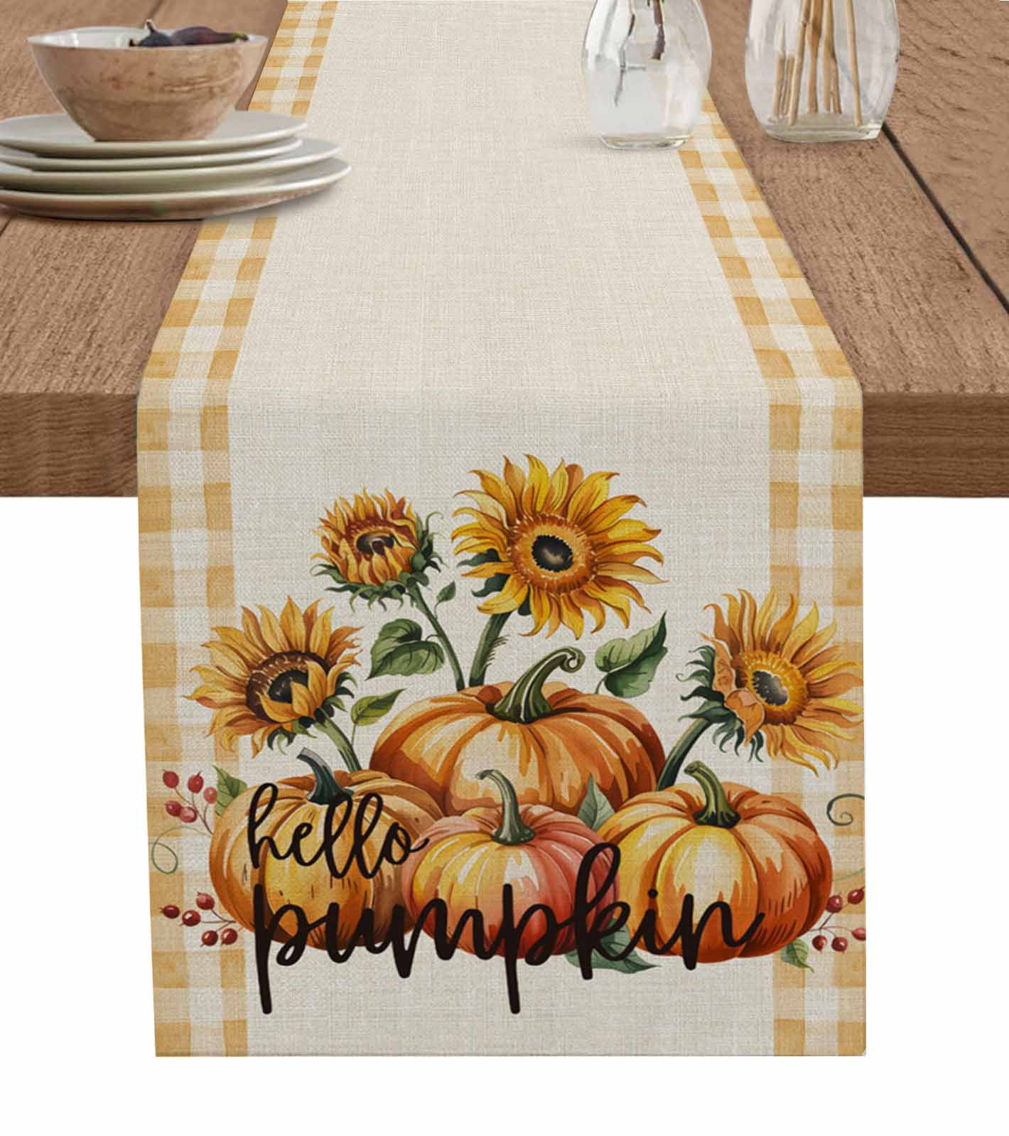 Yellow Sunflower Pumpkins Table Runner Farmhouse Plaid Vintage ...