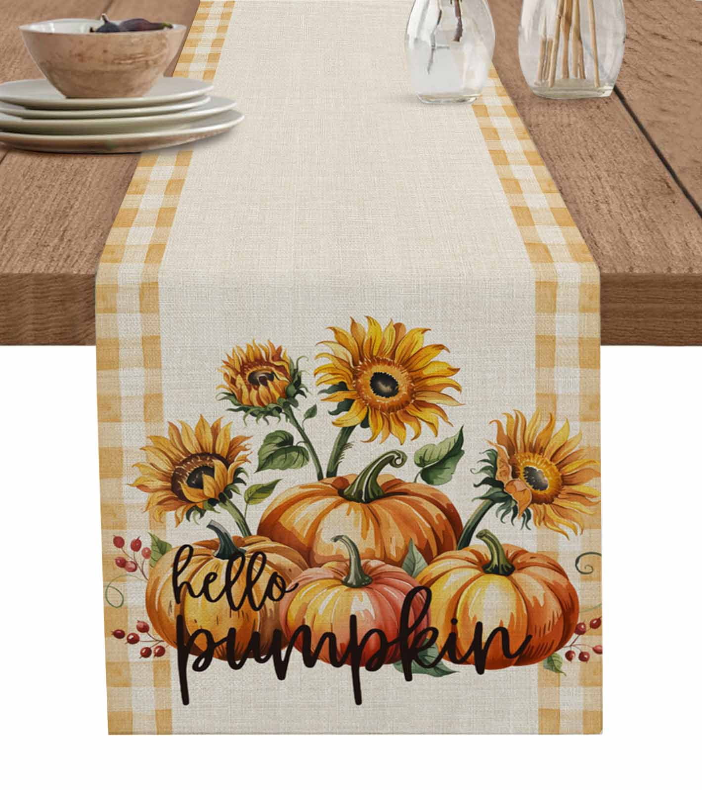 Yellow Sunflower Pumpkins Table Runner Farmhouse Plaid Vintage ...