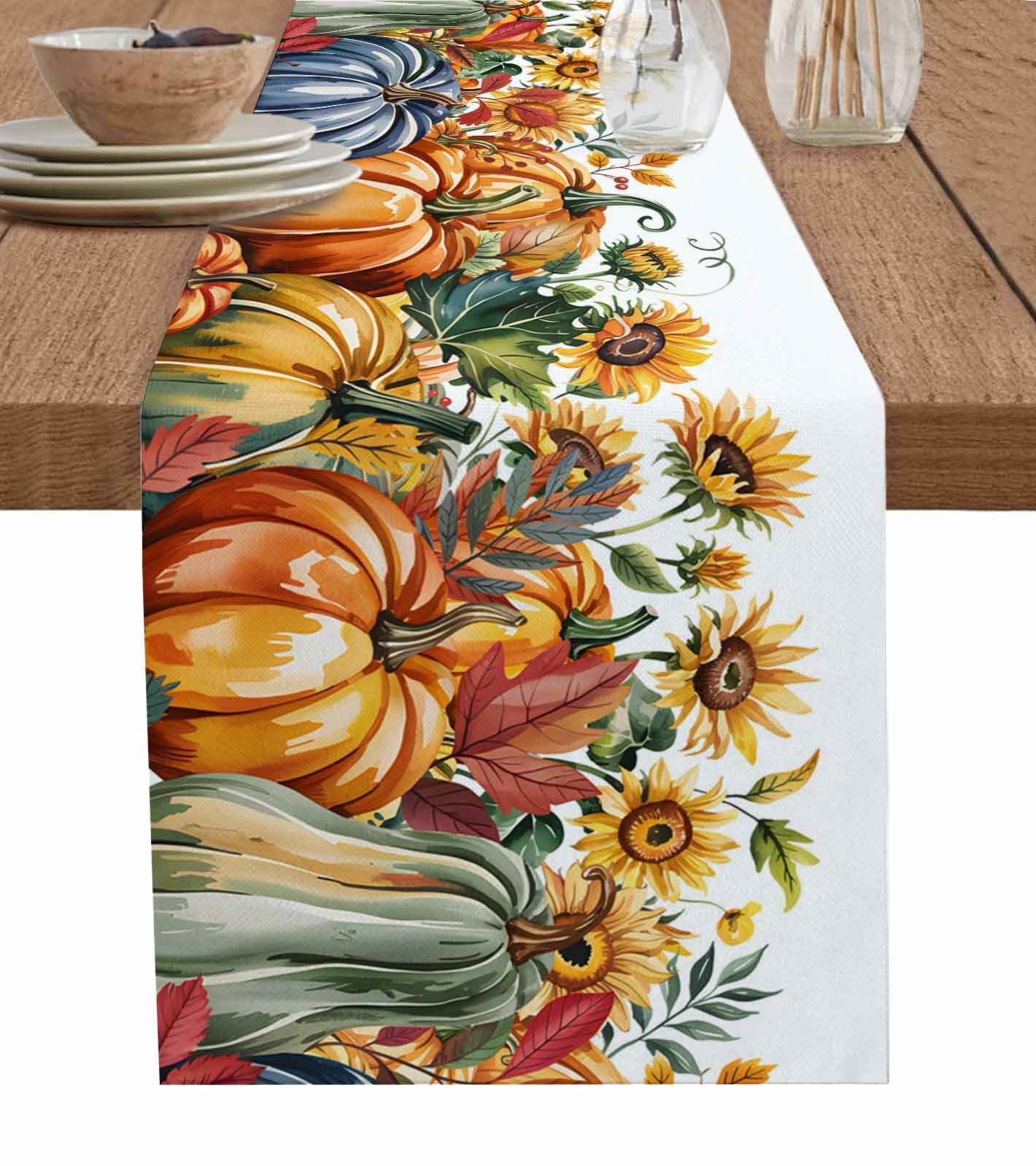 Yellow Sunflower Pumpkins Table Runner Watercolor Botanical Vintage ...