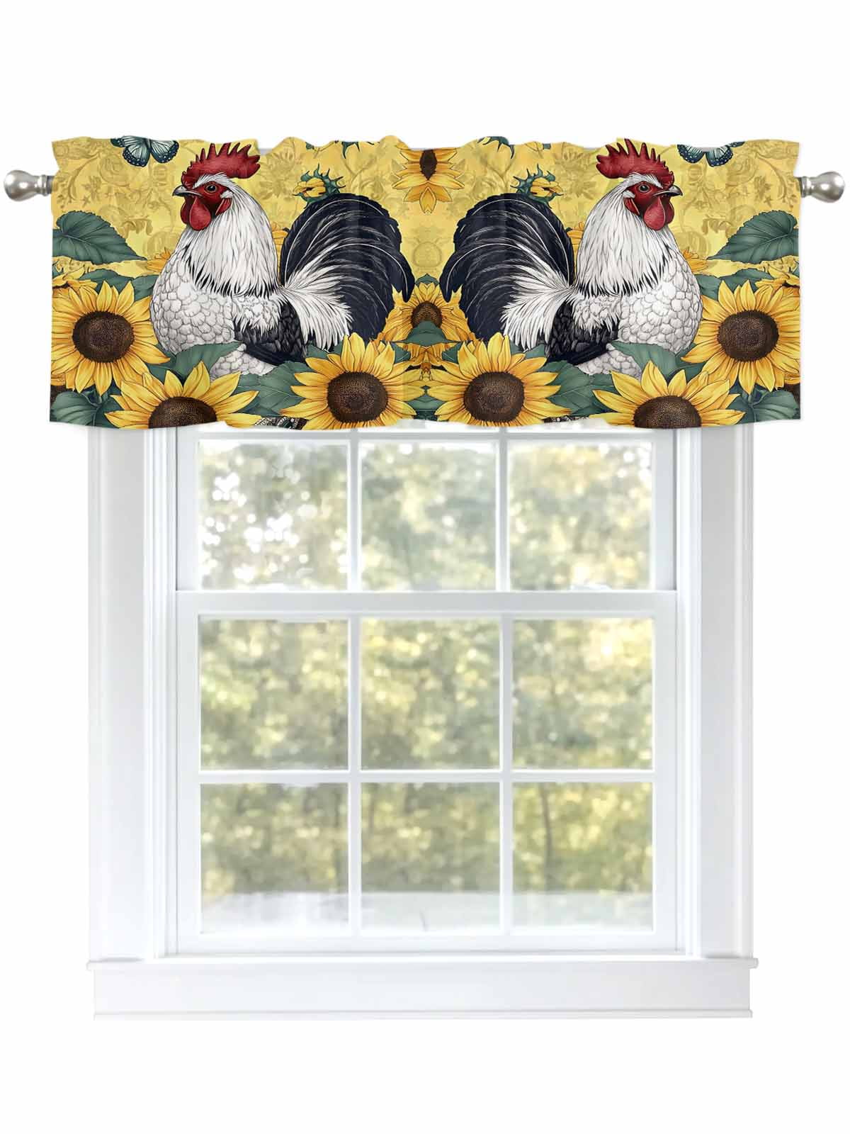 Yellow Sunflower Rooster Curtain Valances for Windows, Farmhouse Retro ...