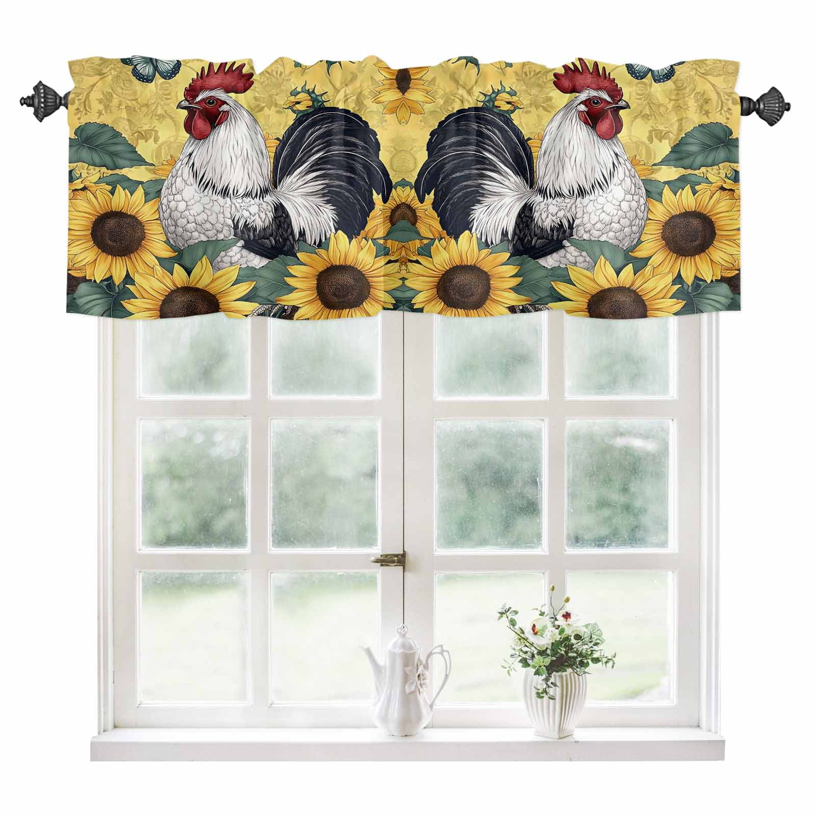 Yellow Sunflower Rooster Kitchen Valances for Windows 60x18 Inch ...