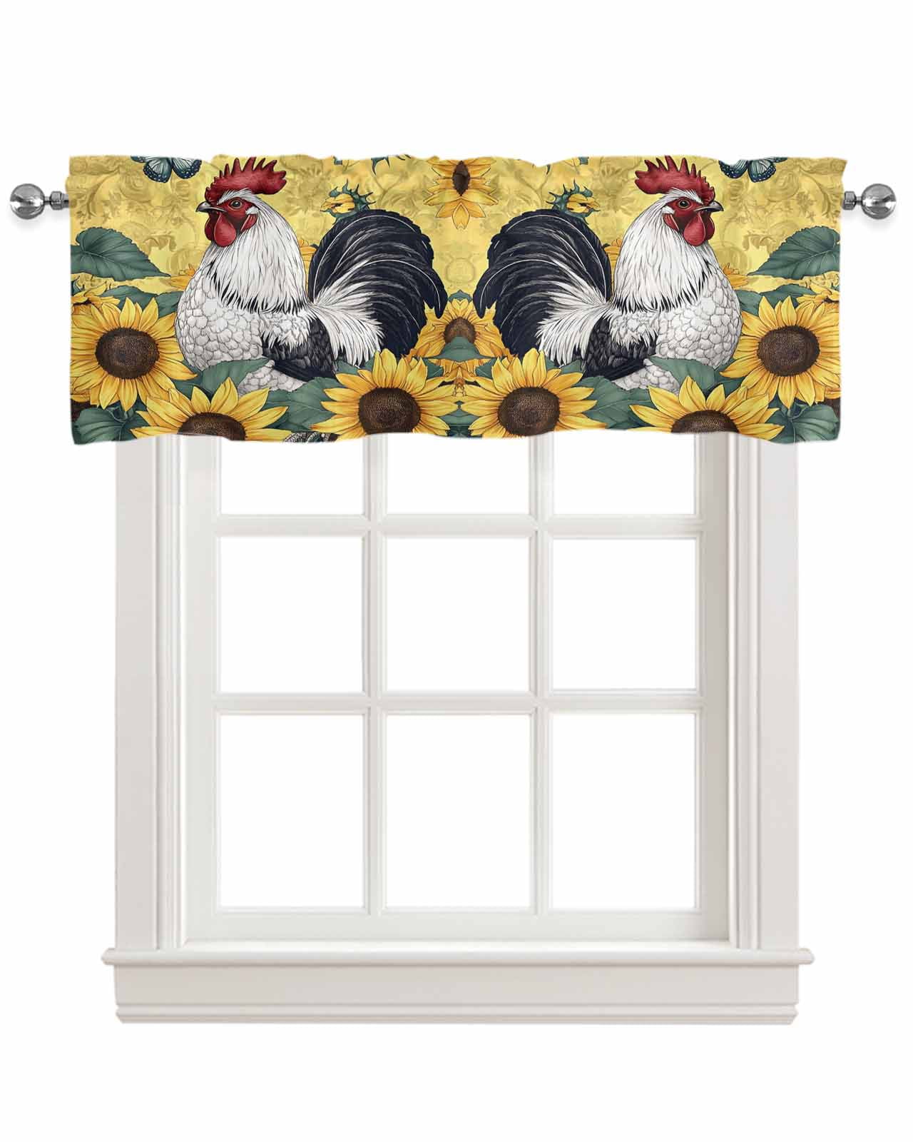 Yellow Sunflower Rooster Kitchen Valances for Windows Farmhouse Linen ...