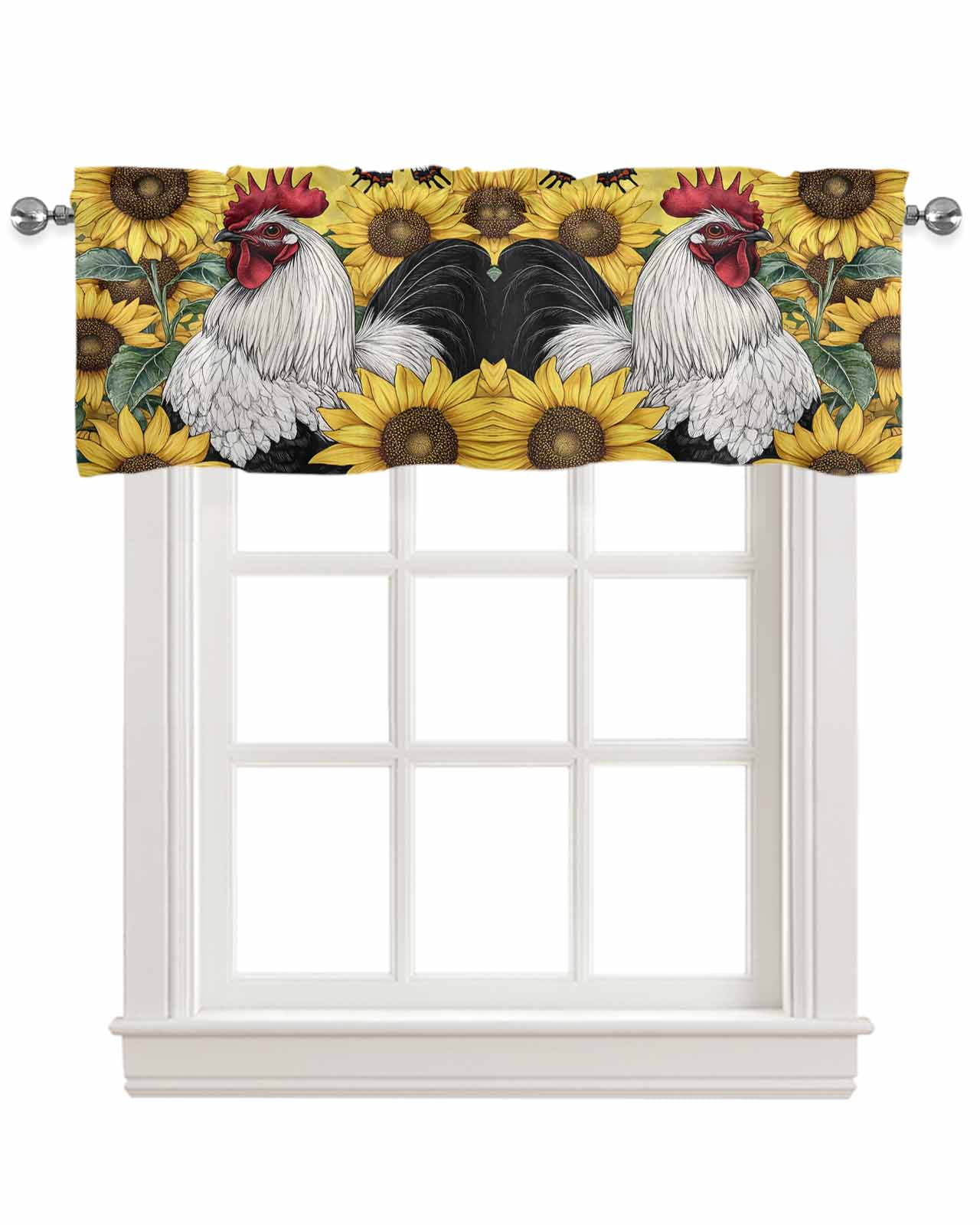 Yellow Sunflower Rooster Kitchen Valances for Windows Farmhouse Linen ...