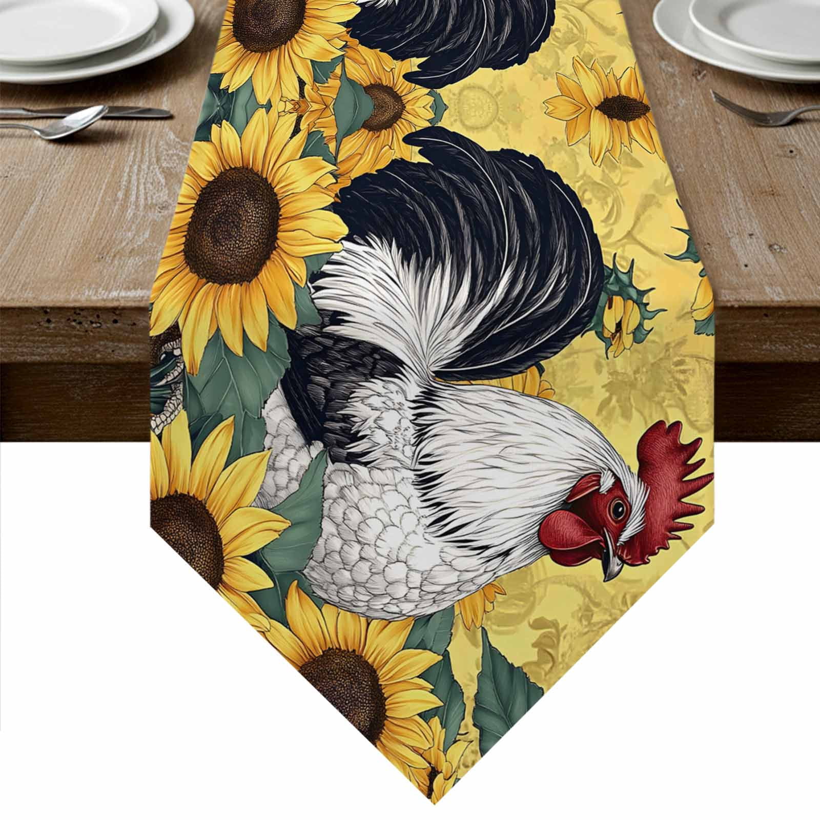 Yellow Sunflower Rooster Table Runner Linen Burlap Table Runner 72 ...