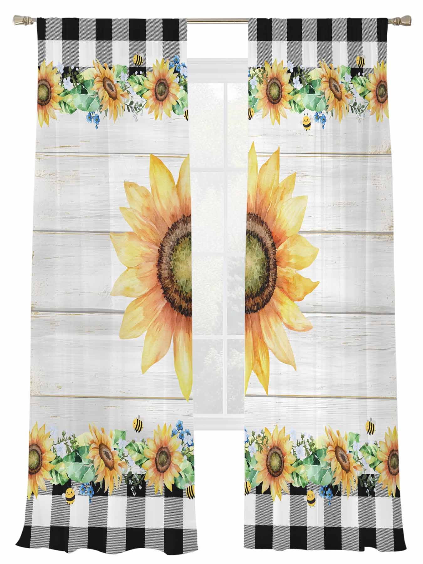 Yellow Sunflower Sheer Curtains 108 Inch Long 2 Panels, Green Leaf Bee ...