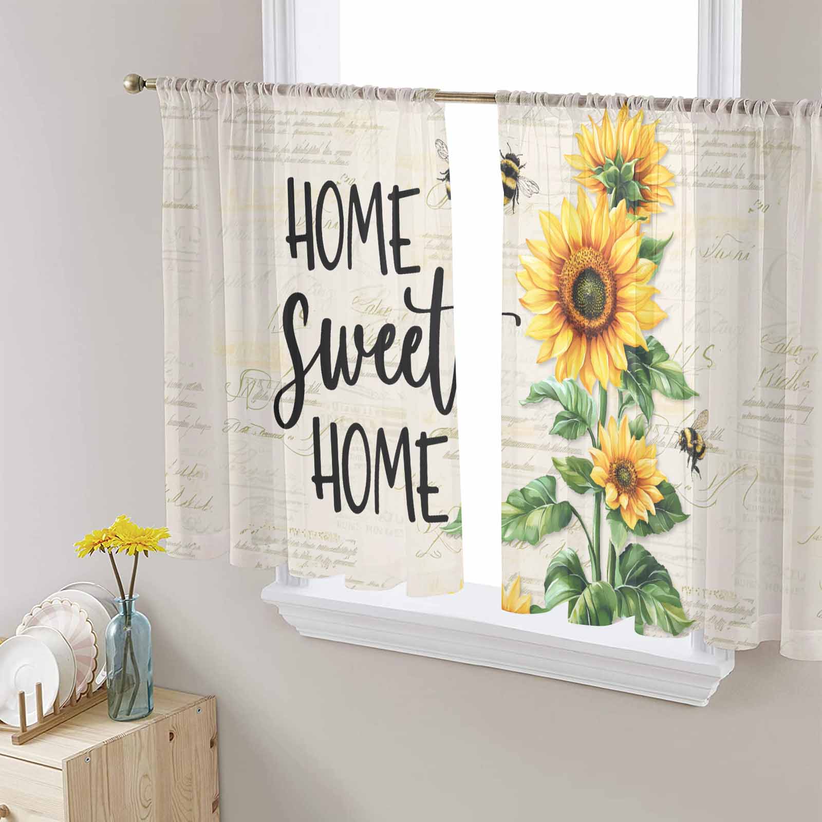 Yellow Sunflower Sheer Curtains 54 Inches Length 2 Panels Set, Window ...
