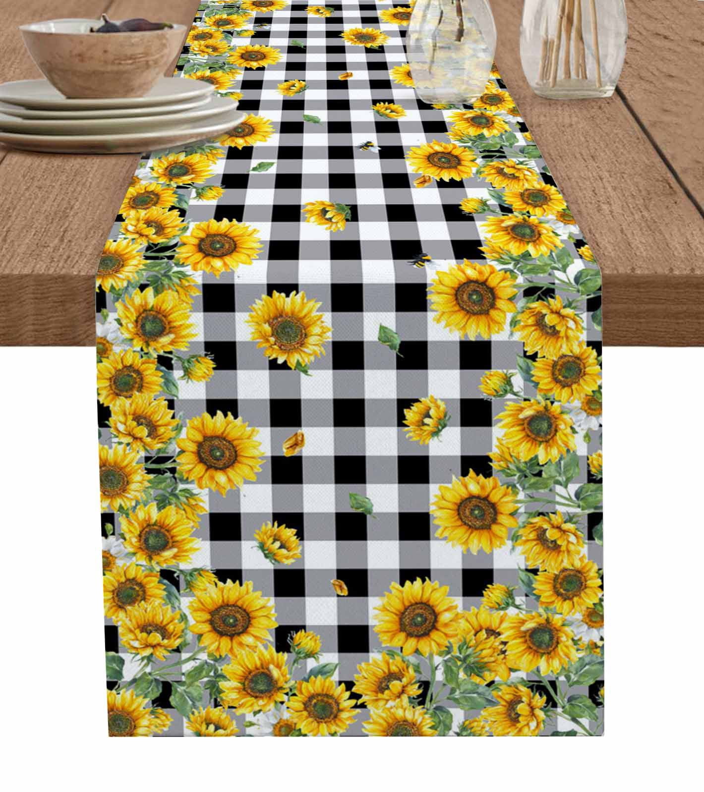 Yellow Sunflower Table Runner 70 Inches, Summer Bee Floral Black White ...