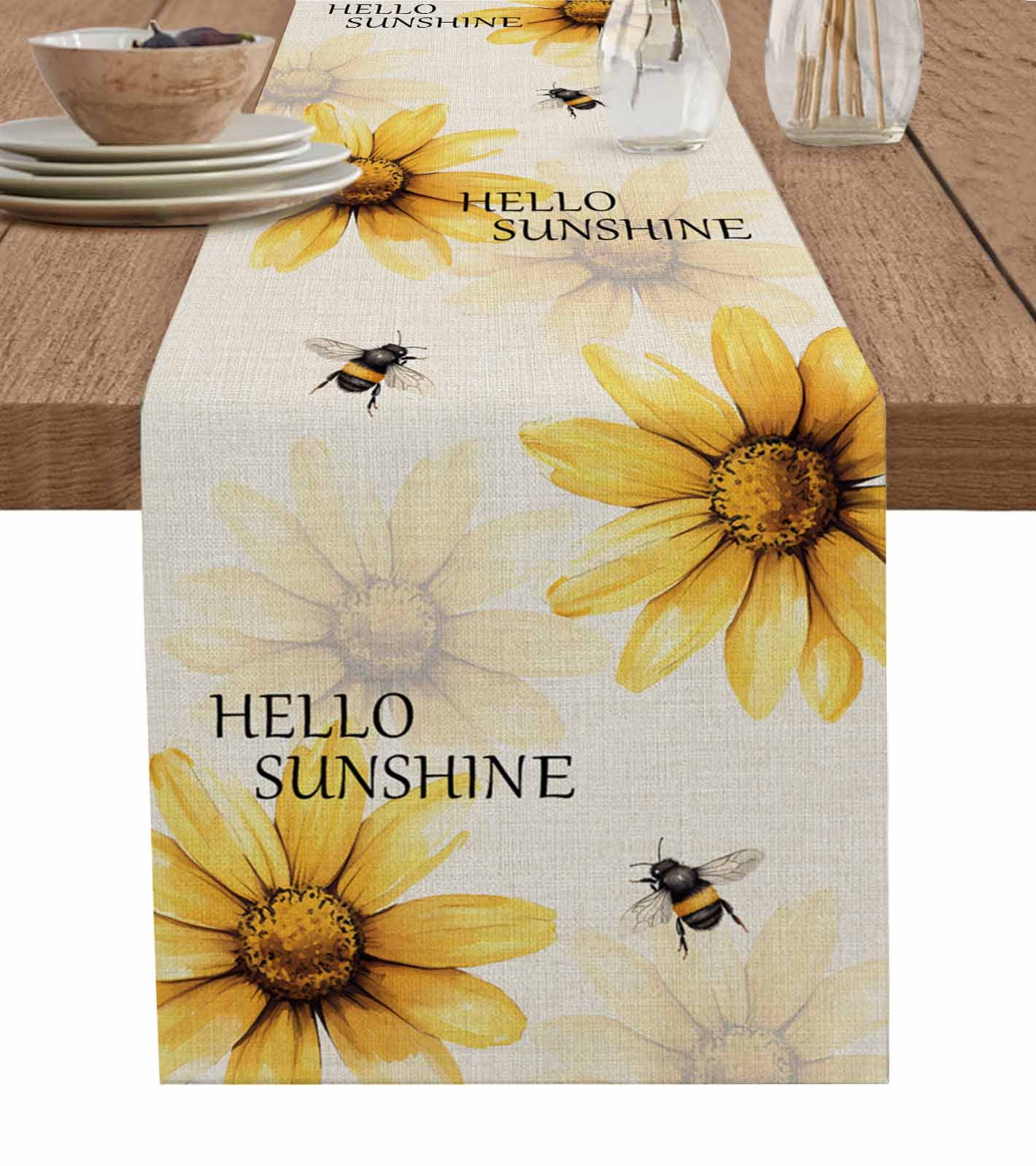 Yellow Sunflower Table Runner 72 Inches, Bee Retro Simple Text Art ...